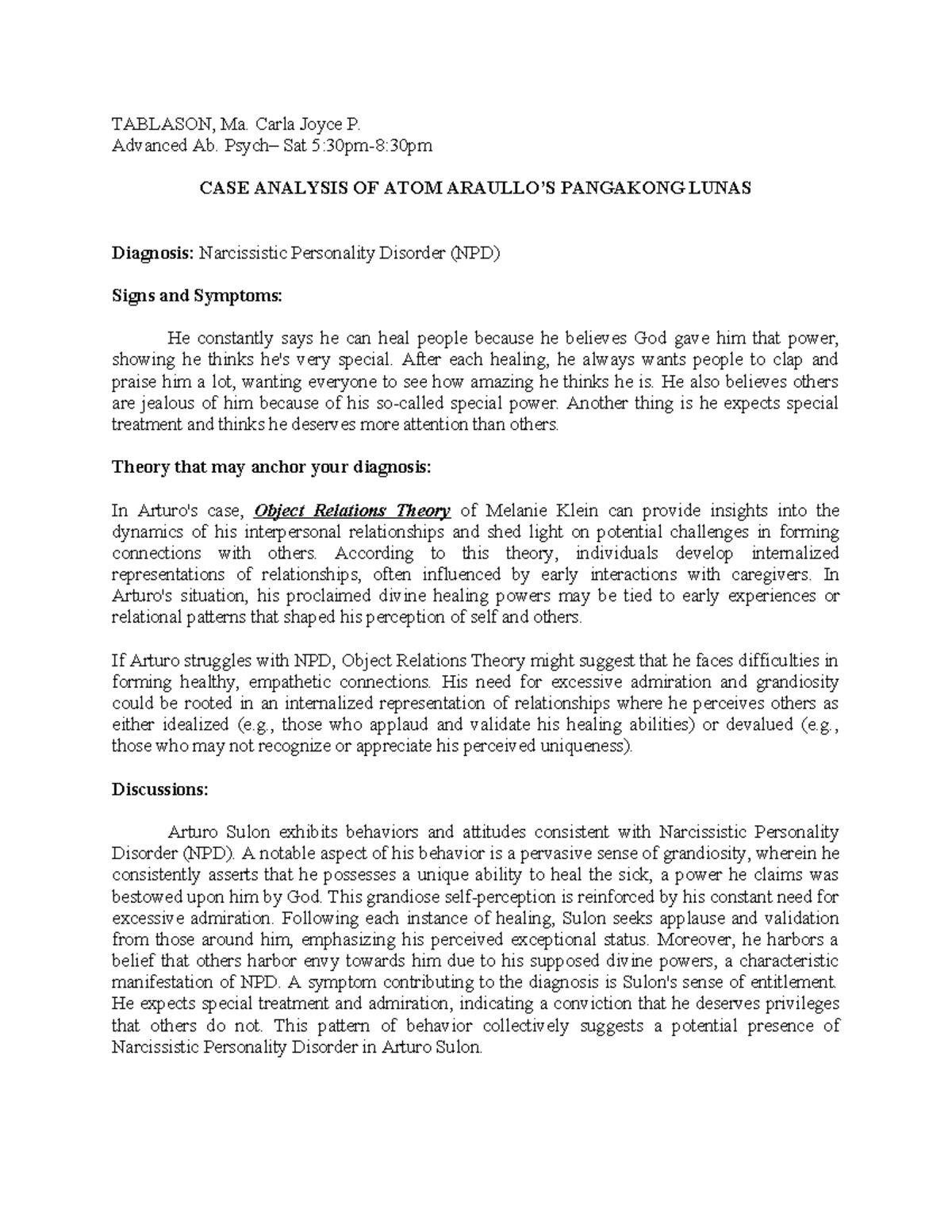 Case Analysis-Pangakong Lunas - TABLASON, Ma. Carla Joyce P. Advanced Ab. Psych– Sat 5:30pm-8 ...