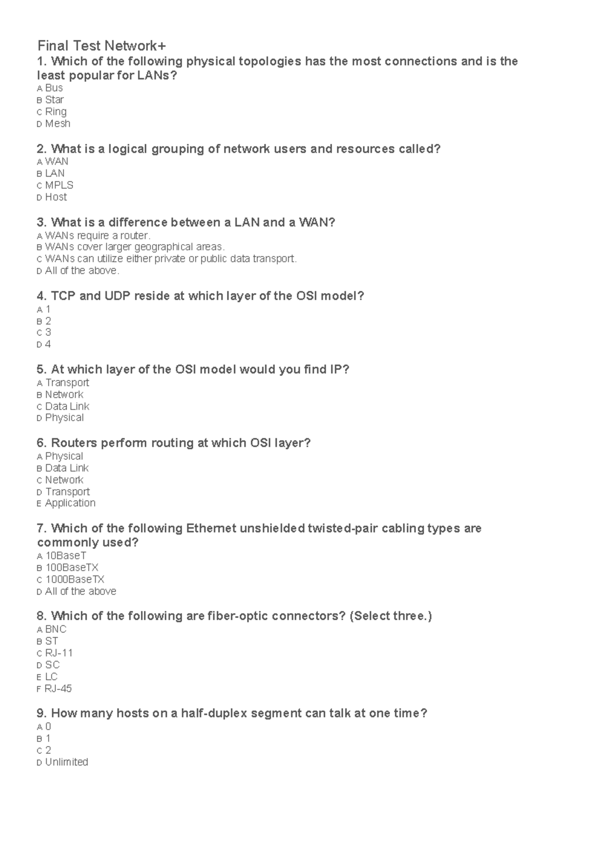 Final Test: Network+ Exam Review and Practice Questions - Studocu