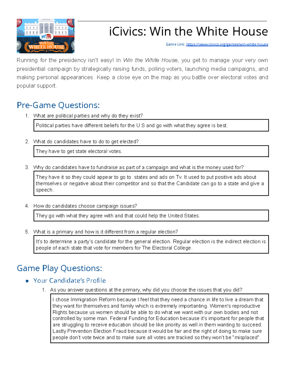 Maria Garcia - i Civics Win the White House Reflection Sheet - iCivics ...