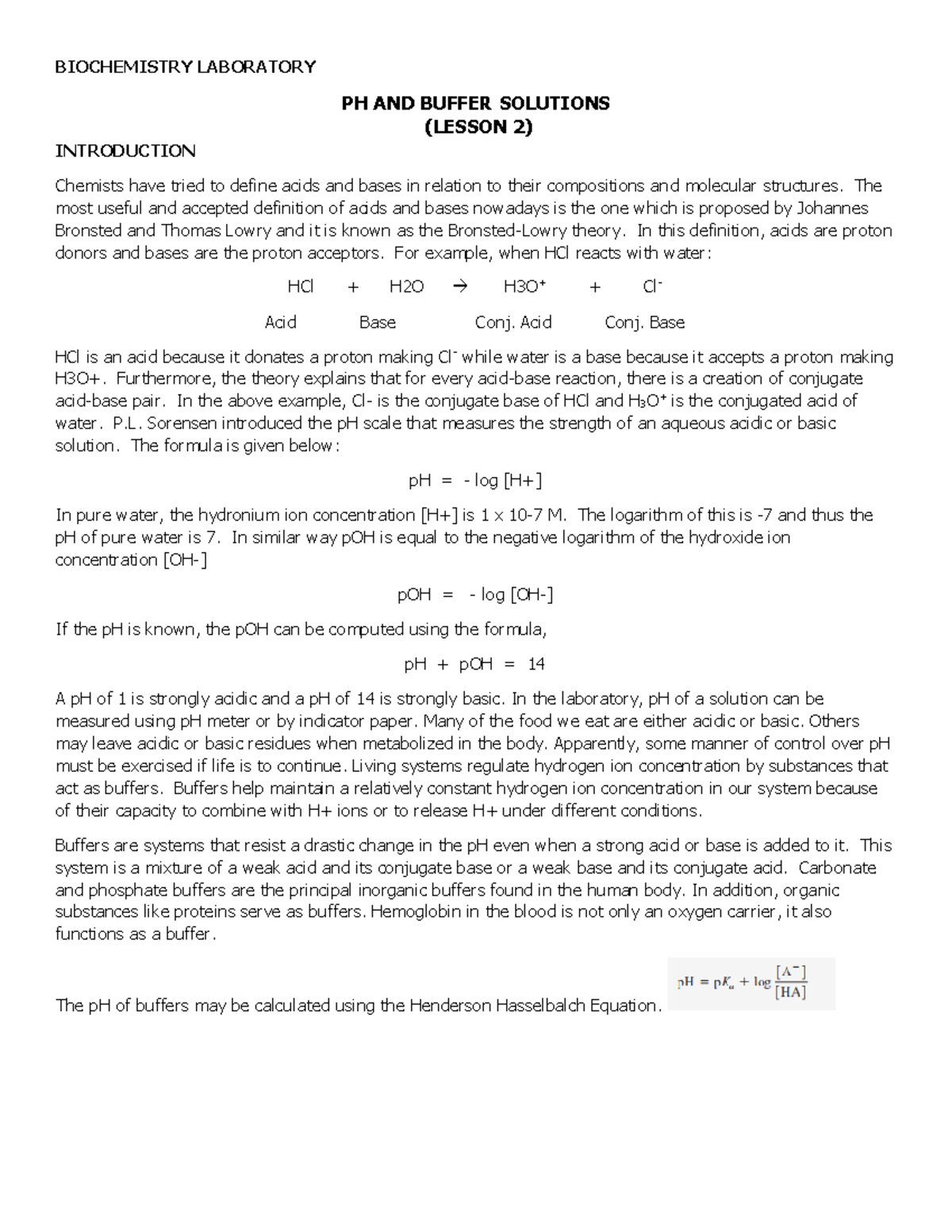 Module 2 - Biochem LAB - Prelim Notes on pH and Buffer Solutions - Studocu