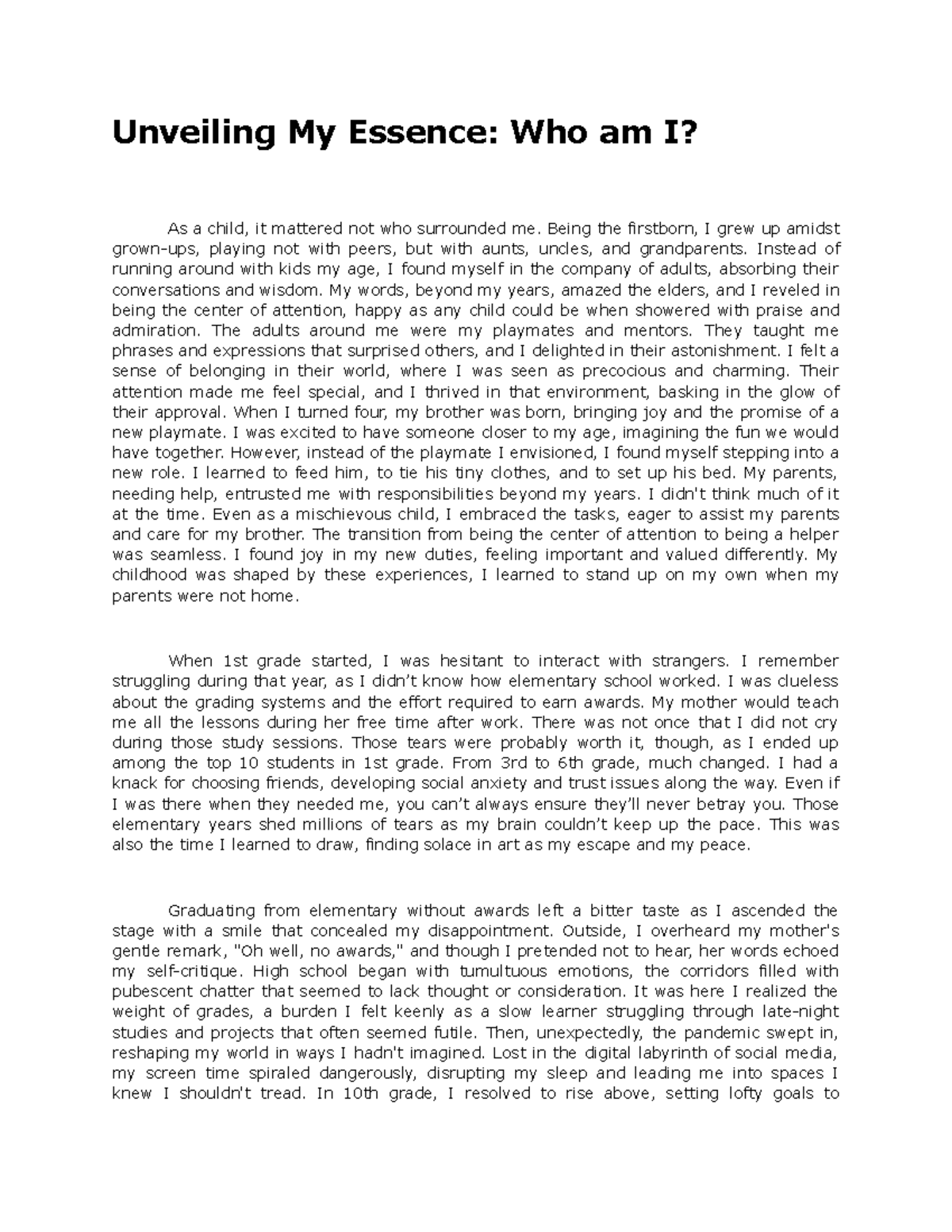 ENG 101 - Unveiling My Essence: A Journey of Self-Discovery Essay - Studocu