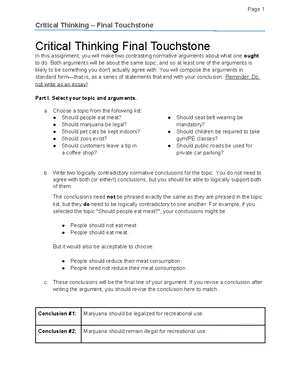 Critical Thinking CT 4 - Final Touchstone Arguments on Normative ...