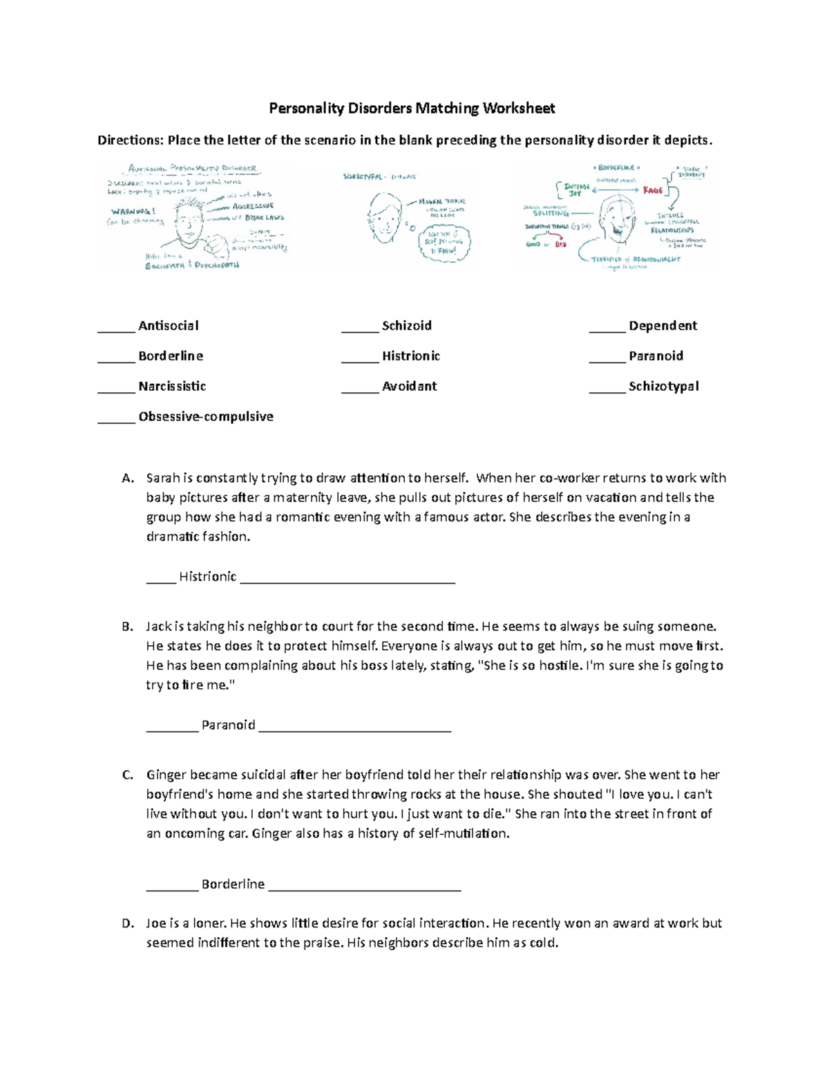 Personality Disorders Matching Worksheet - Personality Disorders ...