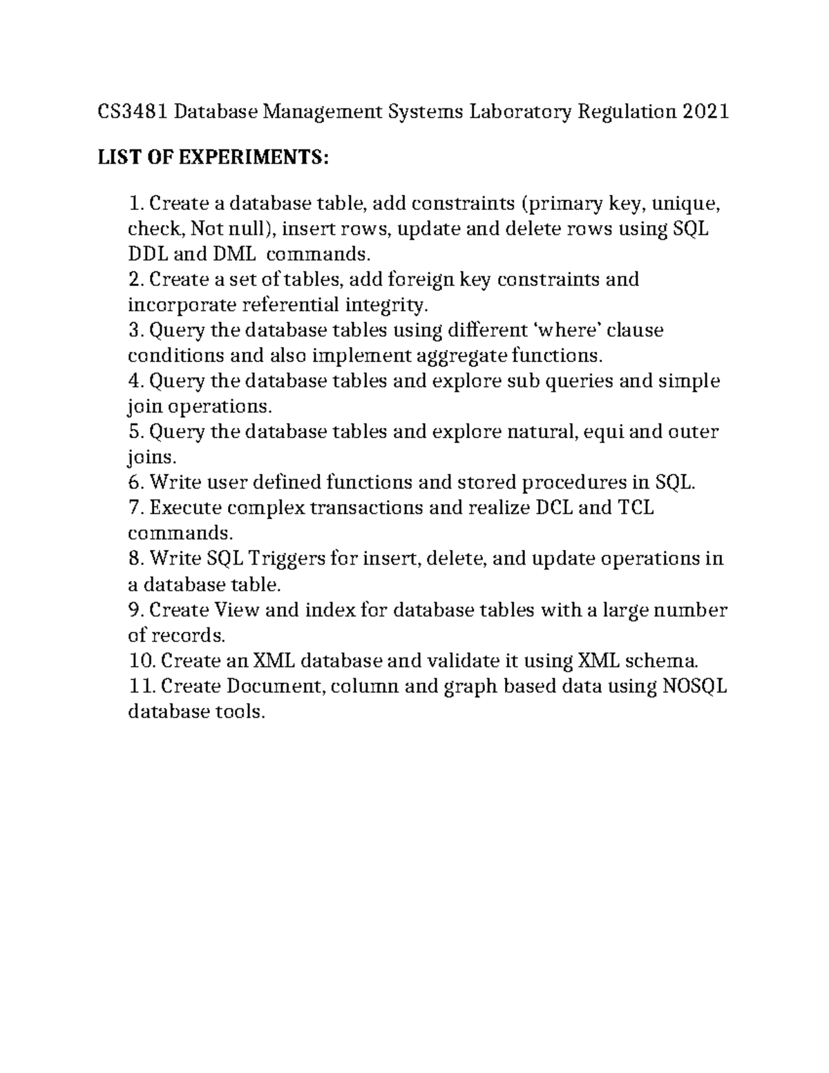 CS3481 Database Management Systems Lab: 2021 Experiments & Guidelines - Studocu