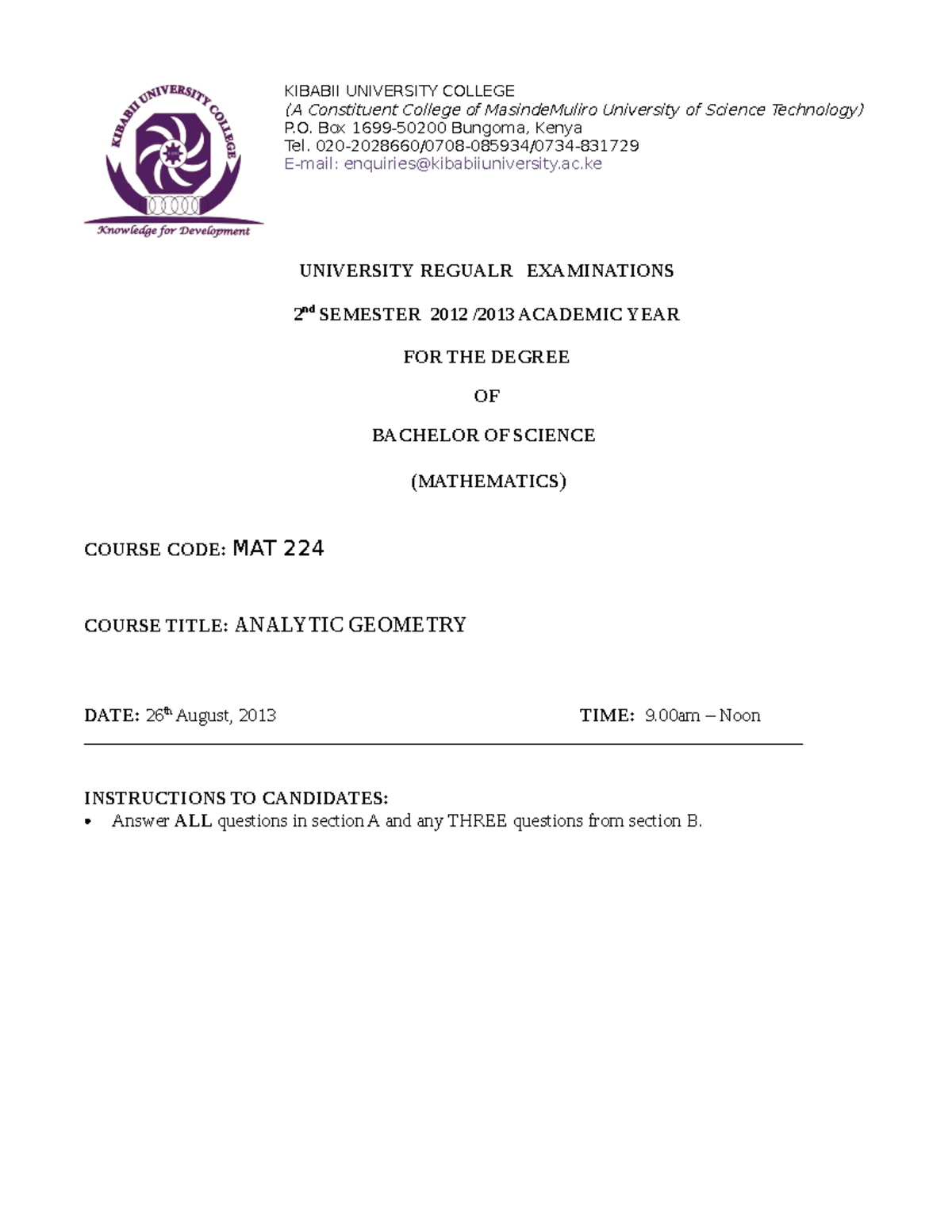 MAT 224 Final Exam: Analytic Geometry Questions & Instructions - Studocu