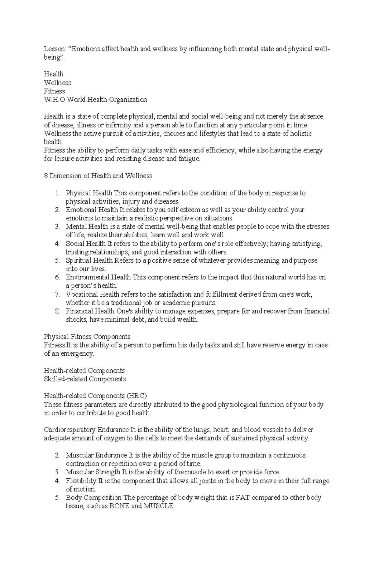 Lesson: 8 Dimensions of Health & Wellness - Impact on Fitness - Studocu