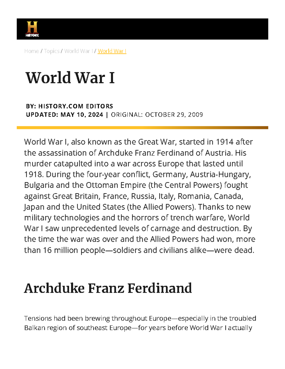 World War I- Summary, Causes & Facts History - Archduke Franz Ferdinand ...