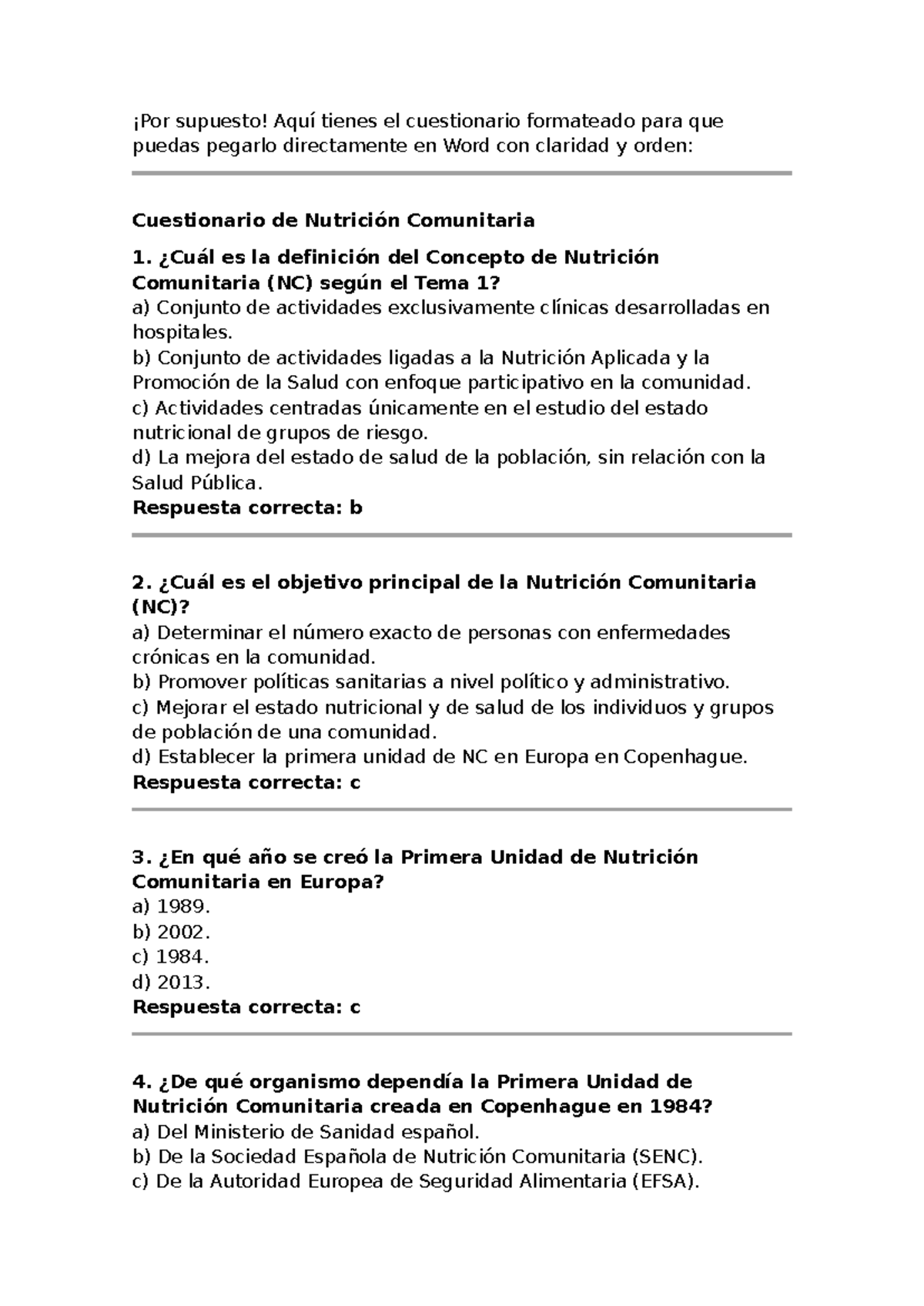 Cuestionario de Nutrición Comunitaria - NC 1: Preguntas y Respuestas ...