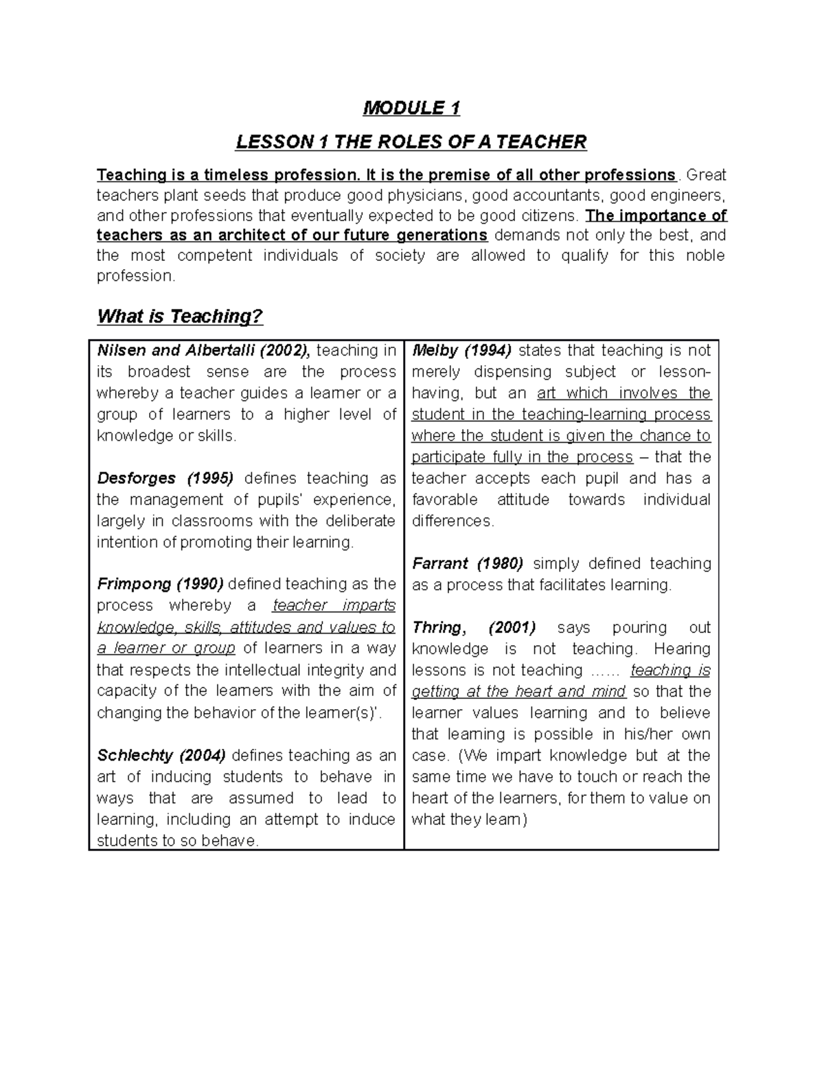 M1-AND-3 Module 1: Understanding the Roles and Ideals of Teaching - Studocu