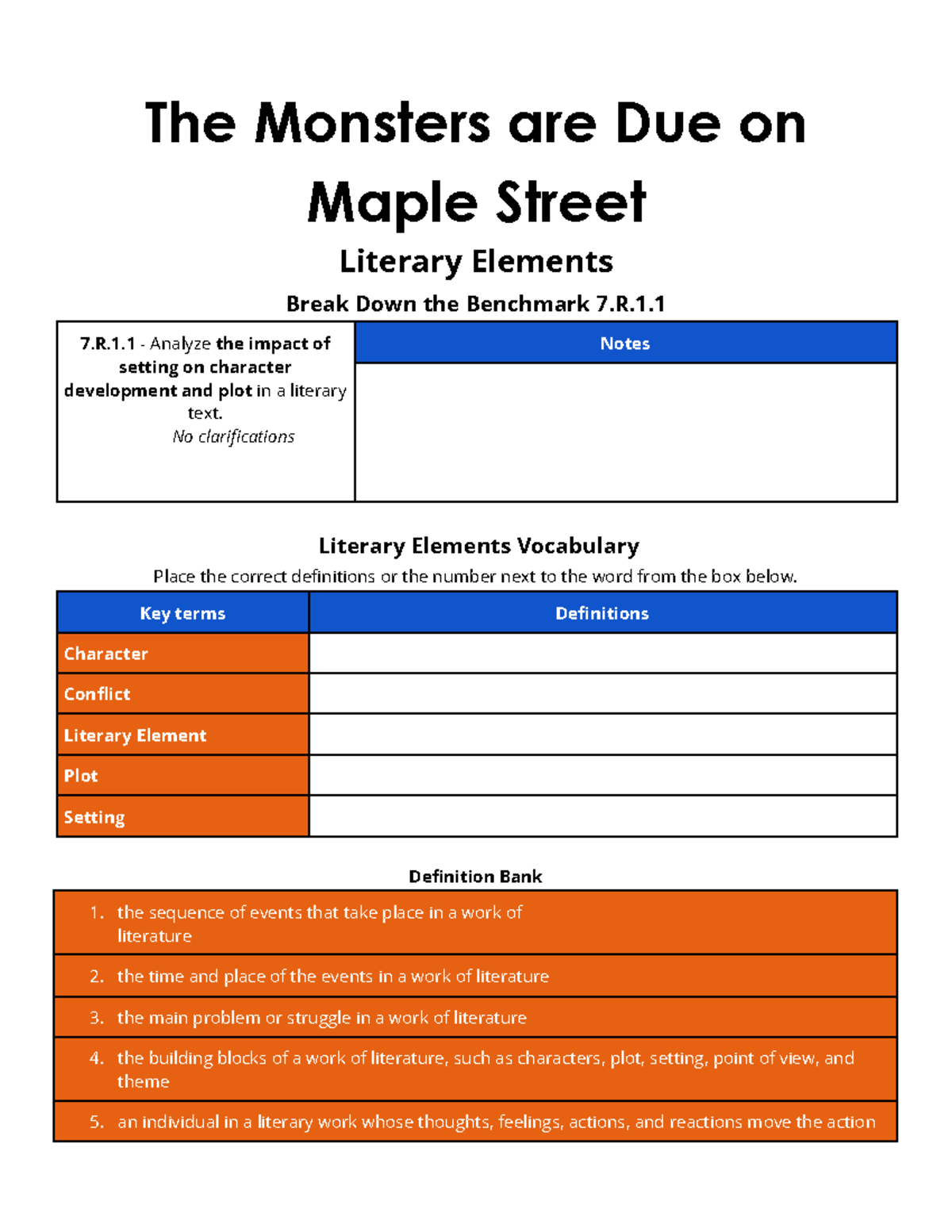 Literary Elements Guided Notes - Analyzing 'Monsters are Due' (7.R ...