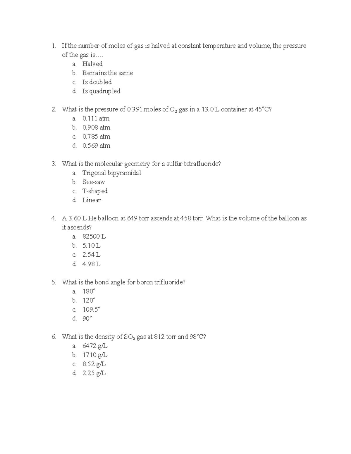 CHEM 105 SI Exam 4 Review: Gas Laws & Molecular Geometry - Studocu