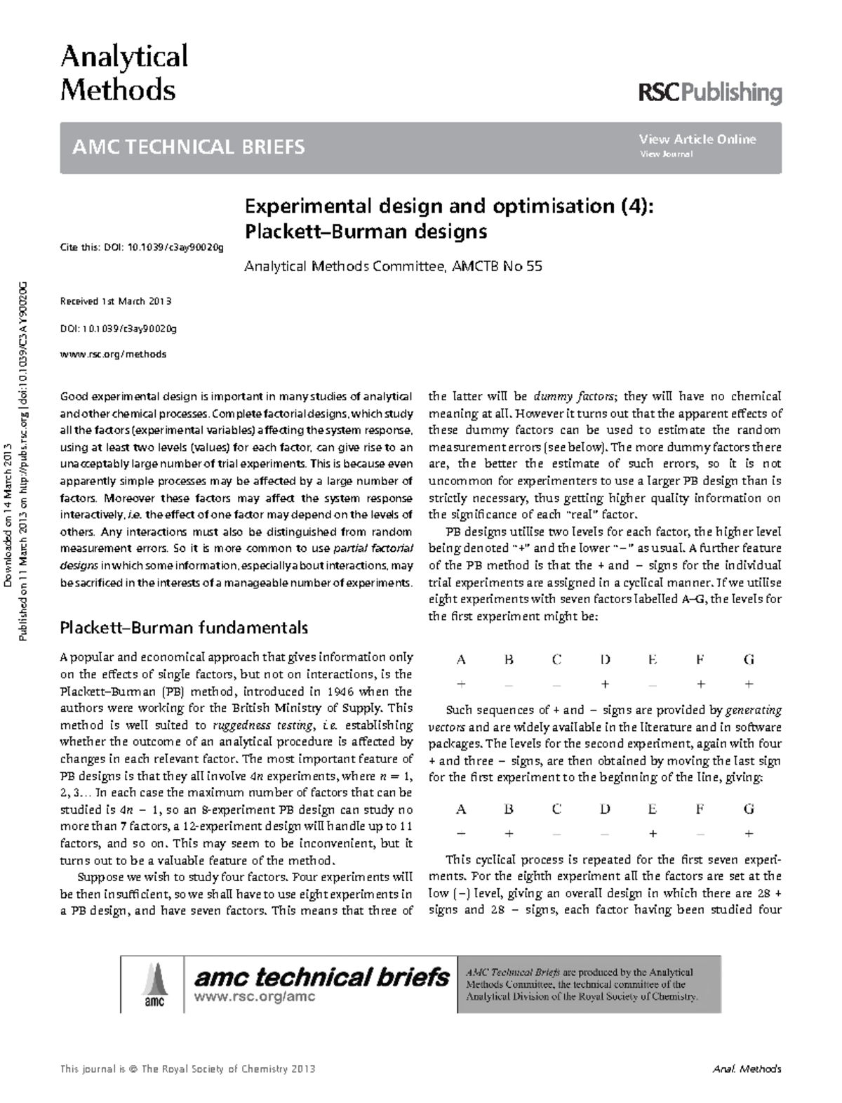 Plackett-Burman Designs in Experimental Method Verification (AMC 55 ...