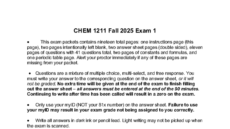 F25 CHEM 1211 Fall 2025 Exam 1 - Key and Instructions - Studocu