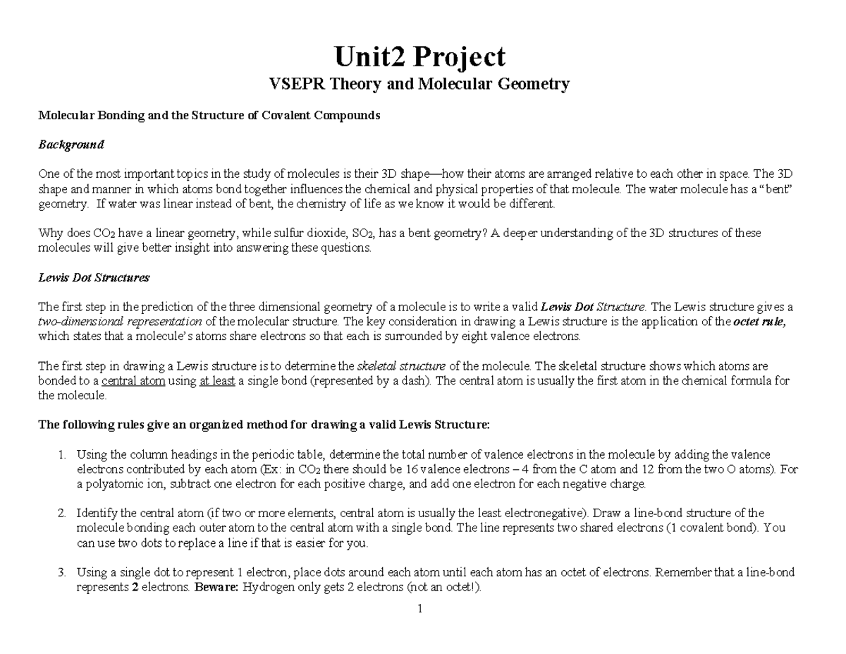 Unit 2 Project: VSEPR Theory & Molecular Geometry Activity - Studocu