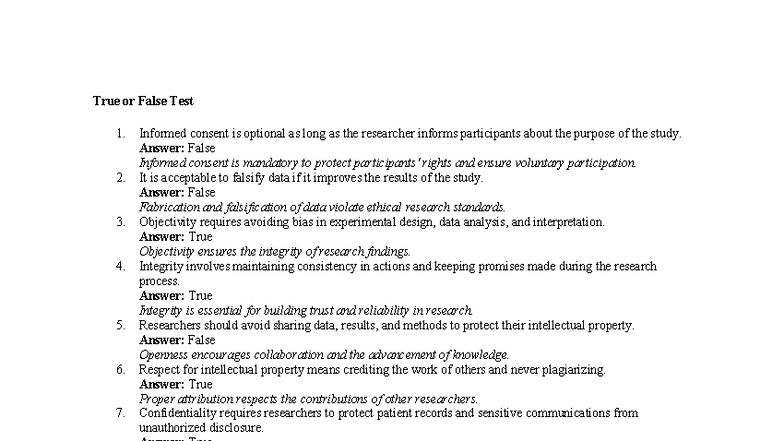 Lesson 1-quiz PR1 - True or False Test 1. Informed consent is optional ...