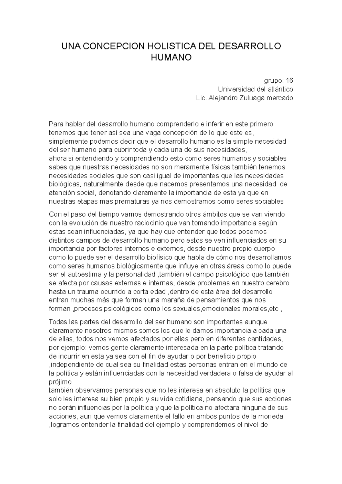 UNA CONCEPCIÓN HOLÍSTICA DEL DESARROLLO HUMANO - GRUPO 16 - Studocu