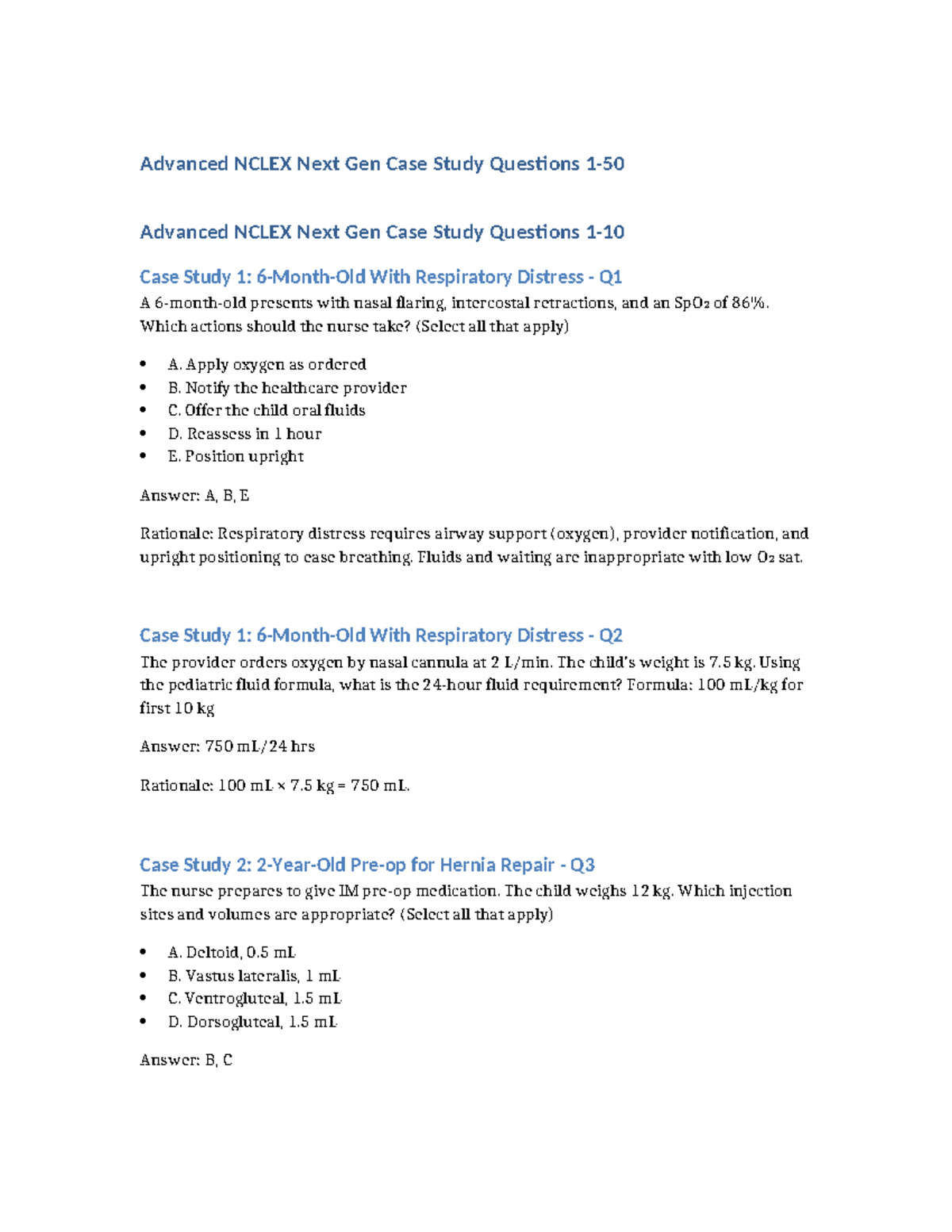 Advanced NCLEX Next Gen Case Study Questions: Respiratory, Fluid, and ...
