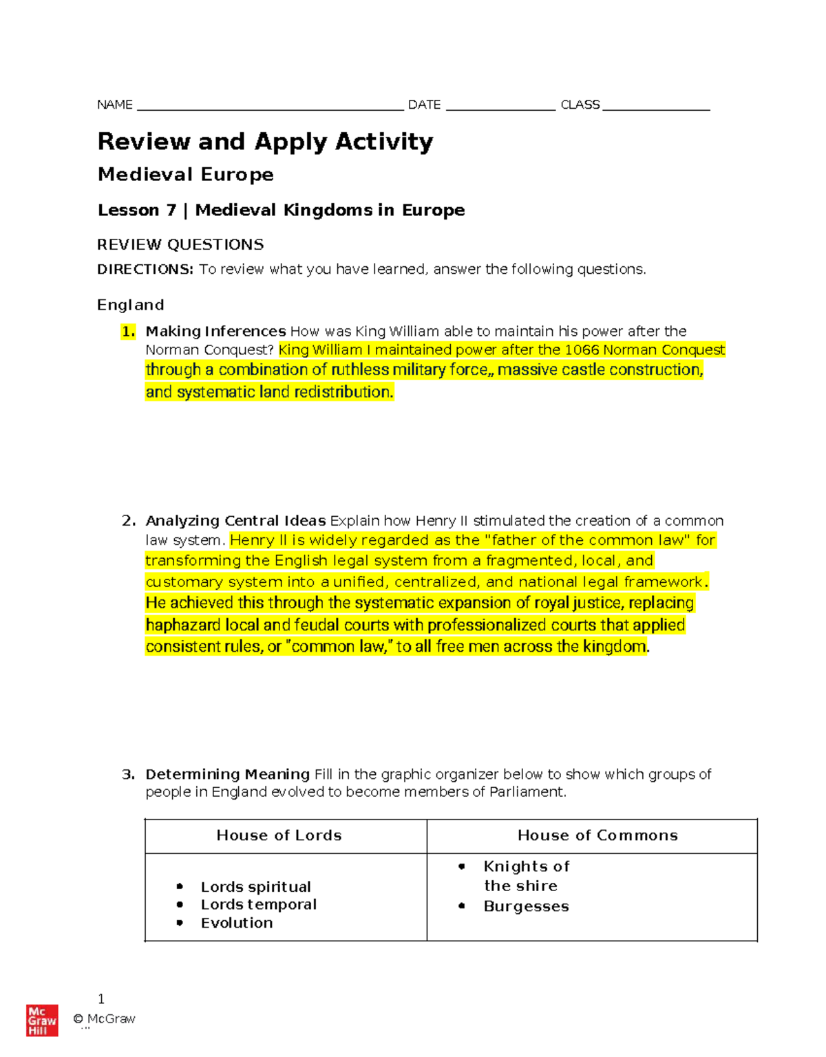 6-7 Review and Apply: Medieval Kingdoms in Europe Activity Answers ...
