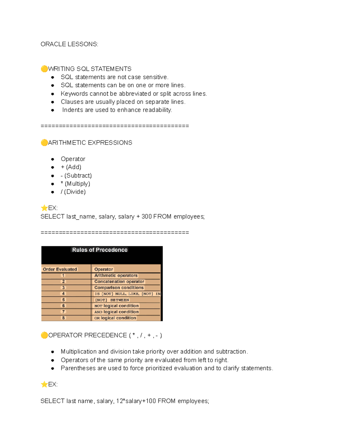 🟡 Oracle Lessons🟡 - ORACLE LESSONS: 🟡WRITING SQL STATEMENTS SQL statements are not case ...
