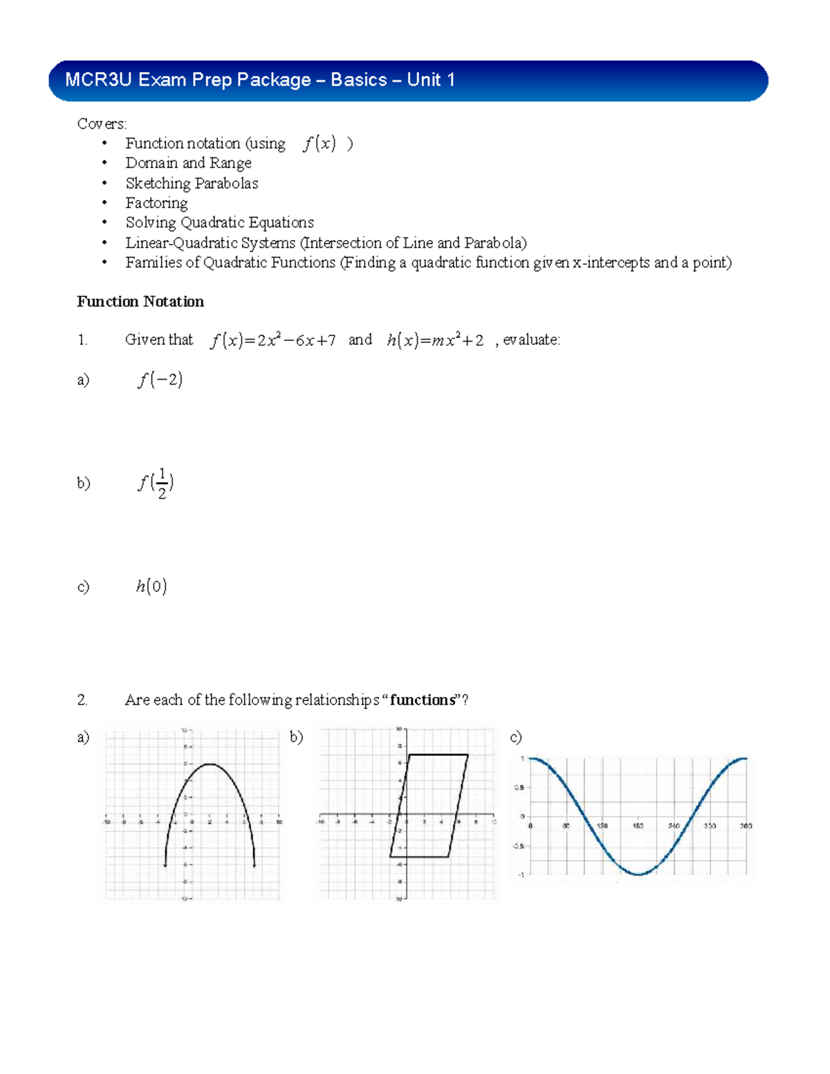 MCR3U Exam Prep Package - Basics Overview and Key Concepts - Studocu