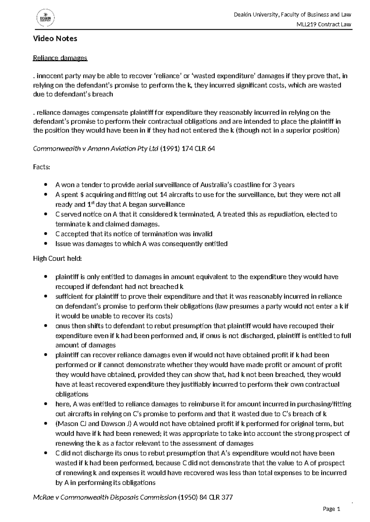 MLL219 Contract Law: Reliance Damages Explained with Case Summaries ...