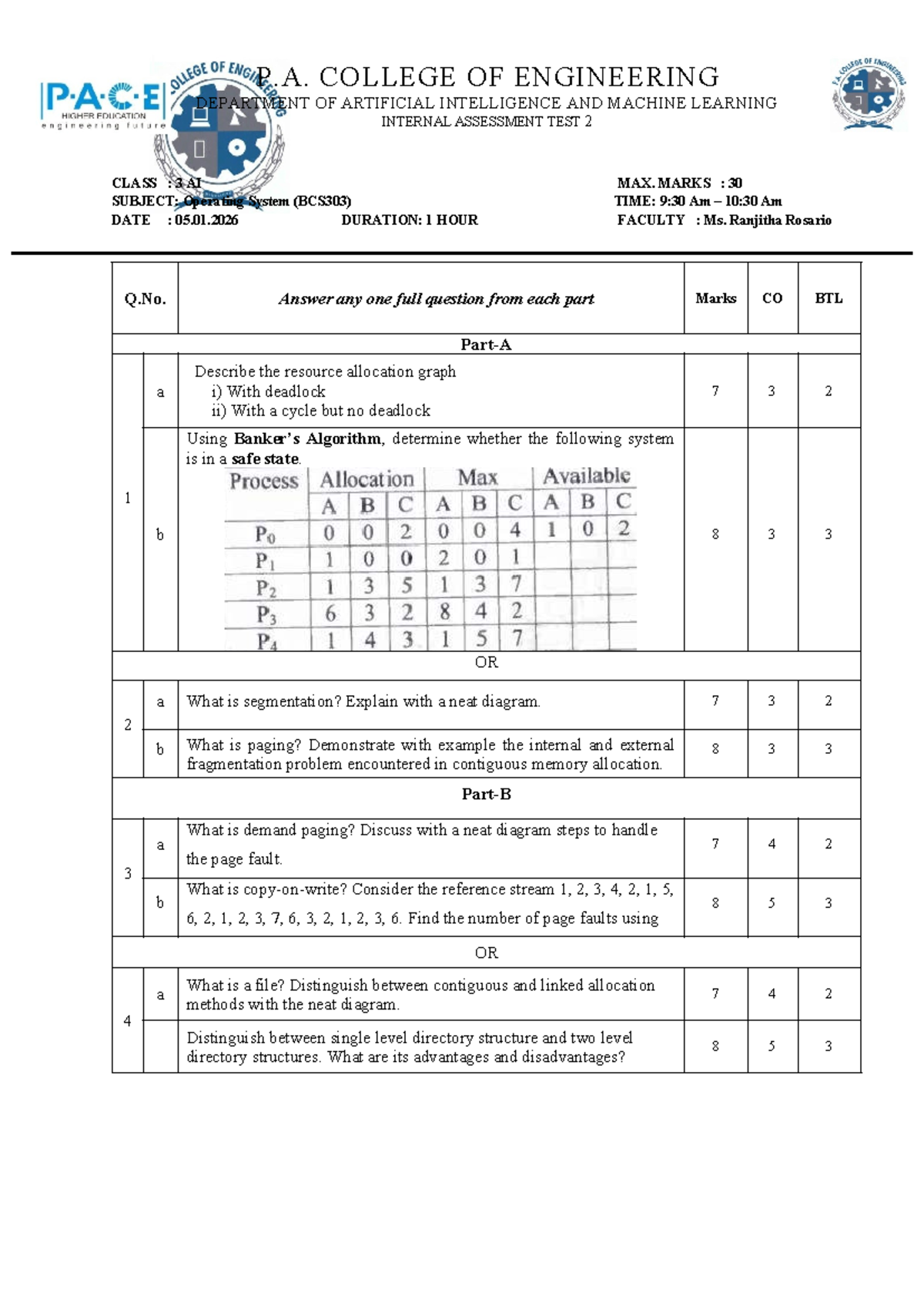 Operating System (BCS303) Internal Assessment Test 2 - Questions - Studocu
