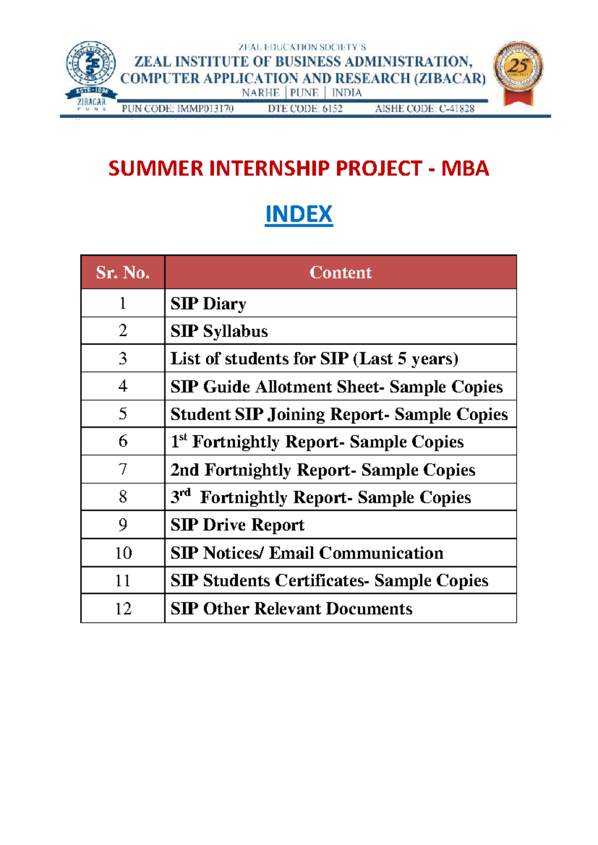 MBA Summer Internship Project Index and Documentation - Studocu