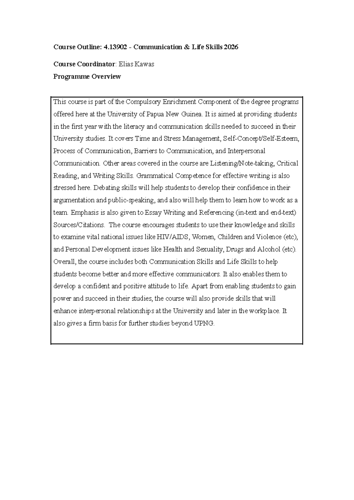 Revised Course Outline: 4.13902 Communication Life Skills 2026 - Studocu