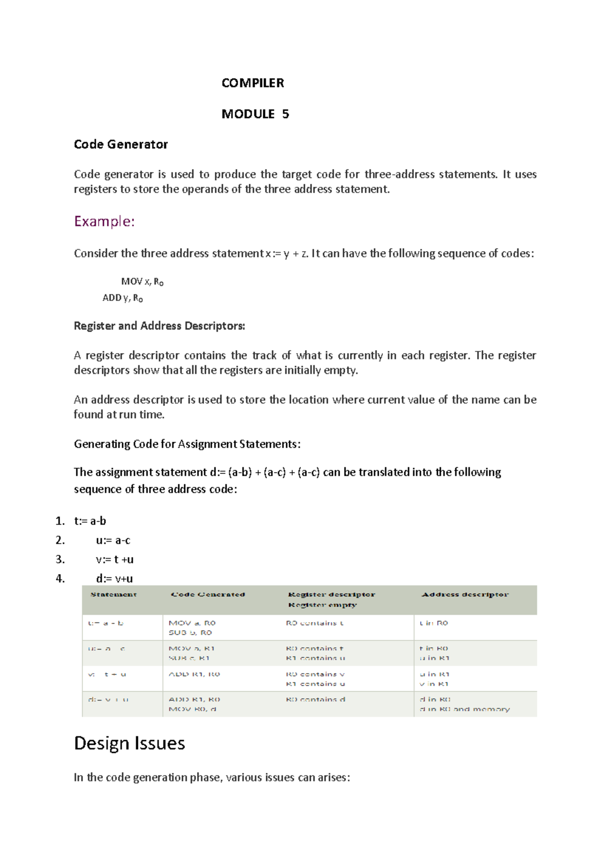 UNIT 5: Code Generation Concepts in Compiler Design - Studocu