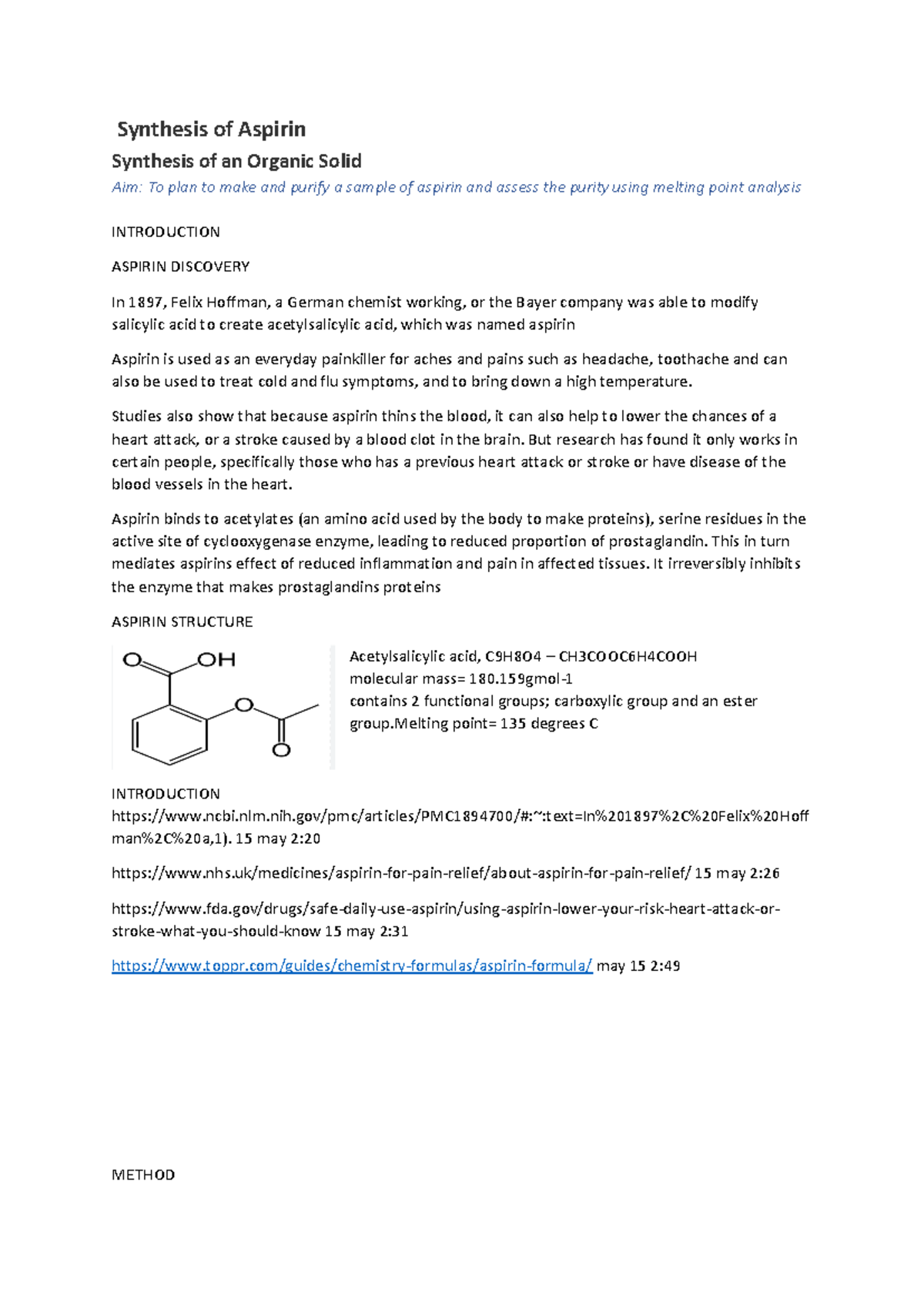 Synthesis of Aspirin: Practical Method & Analysis (Chem 101) - Studocu