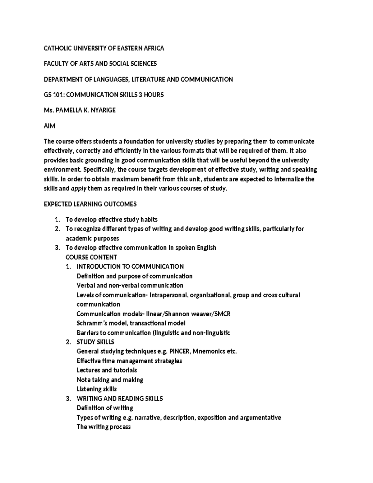 GS 101: Communication Skills Course Outline and Learning Outcomes - Studocu