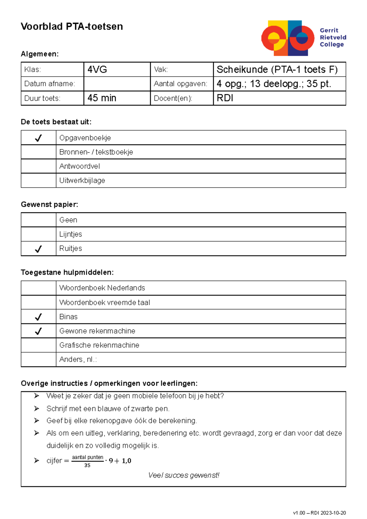 4VG Scheikunde Toets: PTA-1F - Niels Bohr en Azijnzuur - Studeersnel