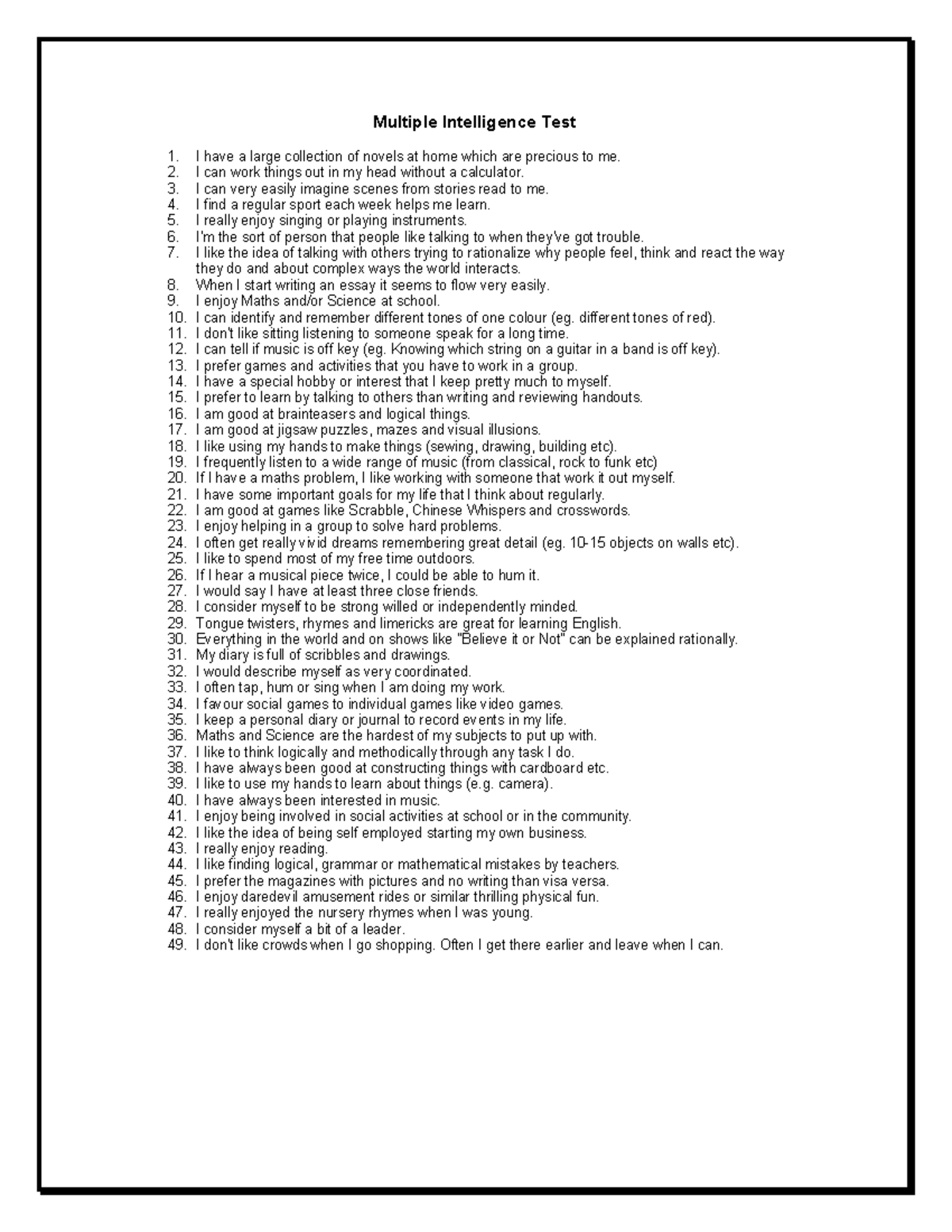 Multiple Intelligence Test: A Comprehensive Assessment Guide - Studocu