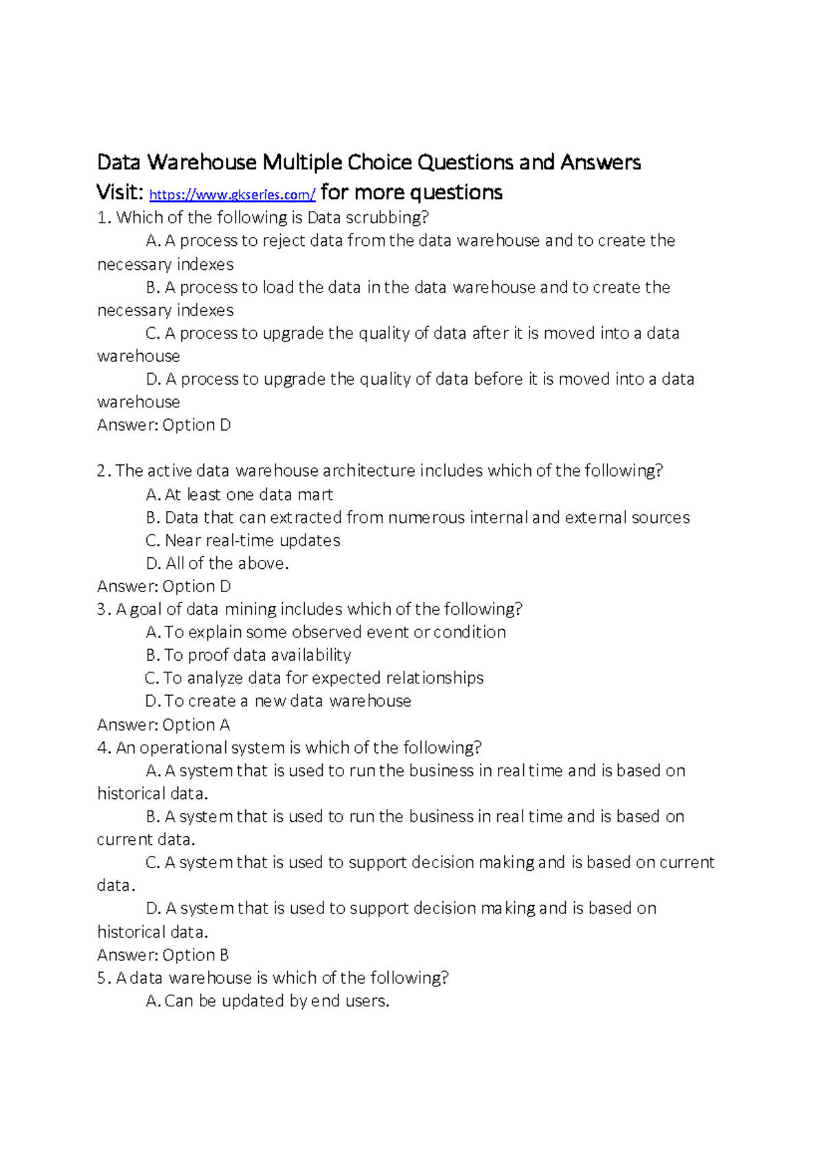 Data Warehouse MCQs and Answers for Exam Preparation - Studocu