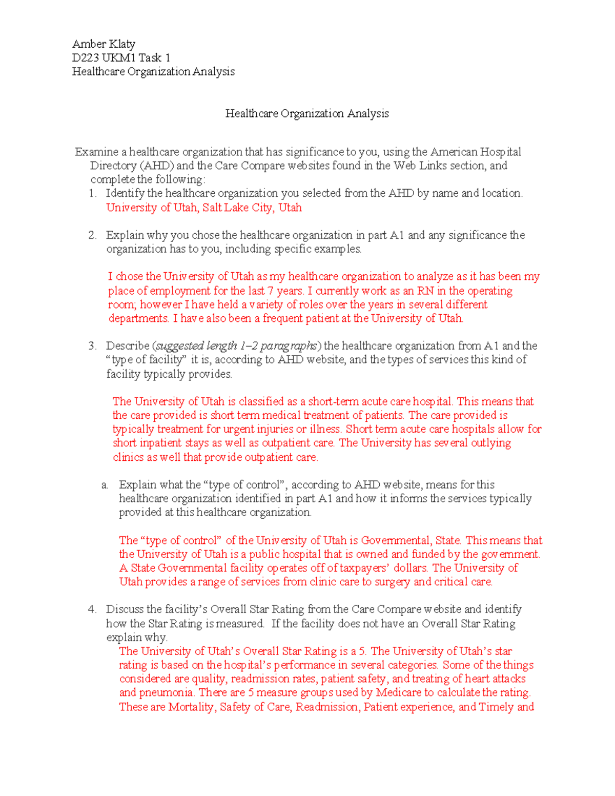 UKM1 Task 1: Analysis of University of Utah Healthcare Organization ...