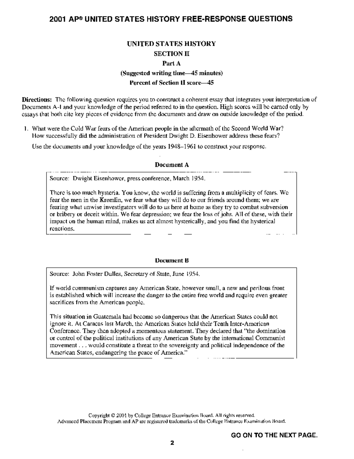 2001 APUSH DBQ: Cold War Fears & Eisenhower's Response - Studocu