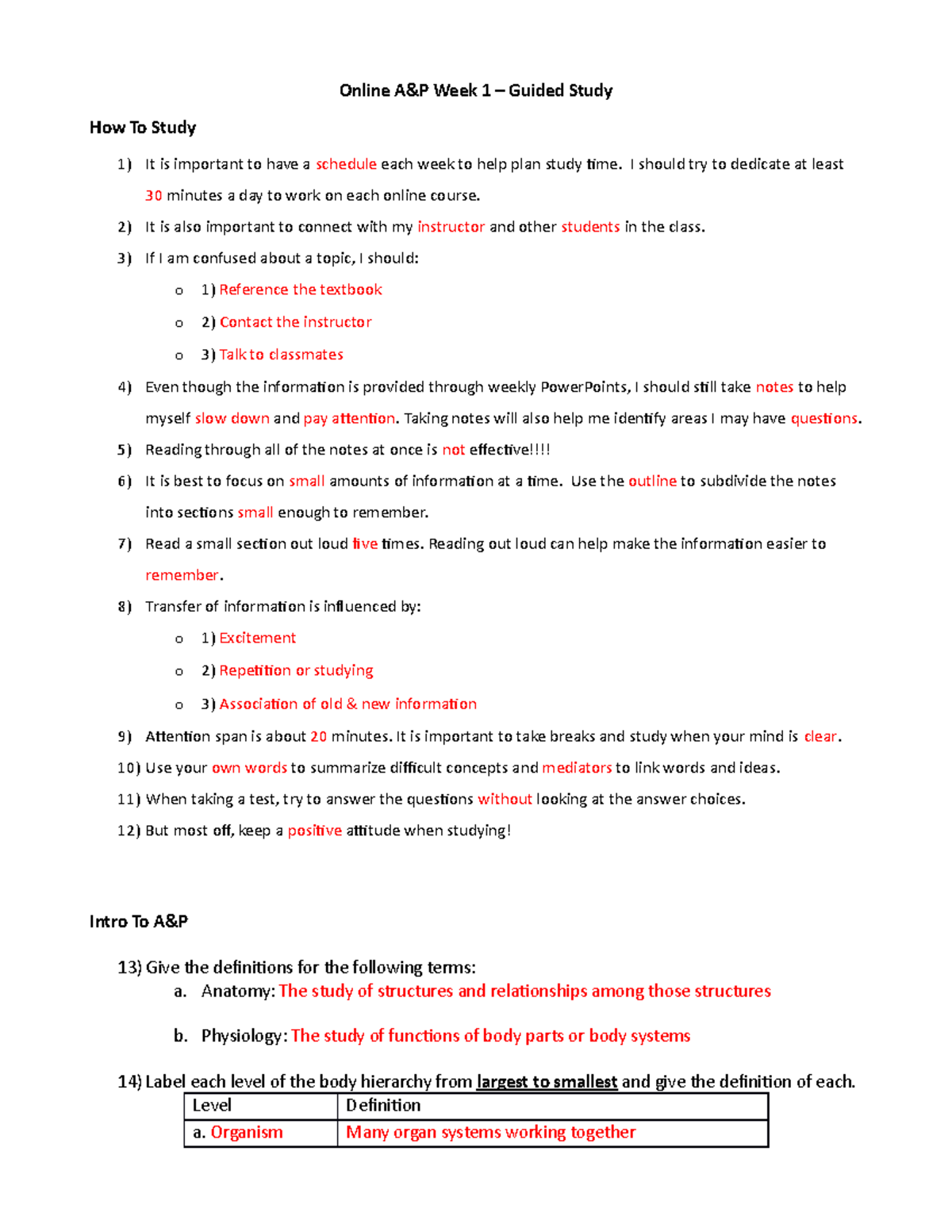 A&P 101 Week 1 Study Guide Key: Essential Study Techniques and Concepts ...