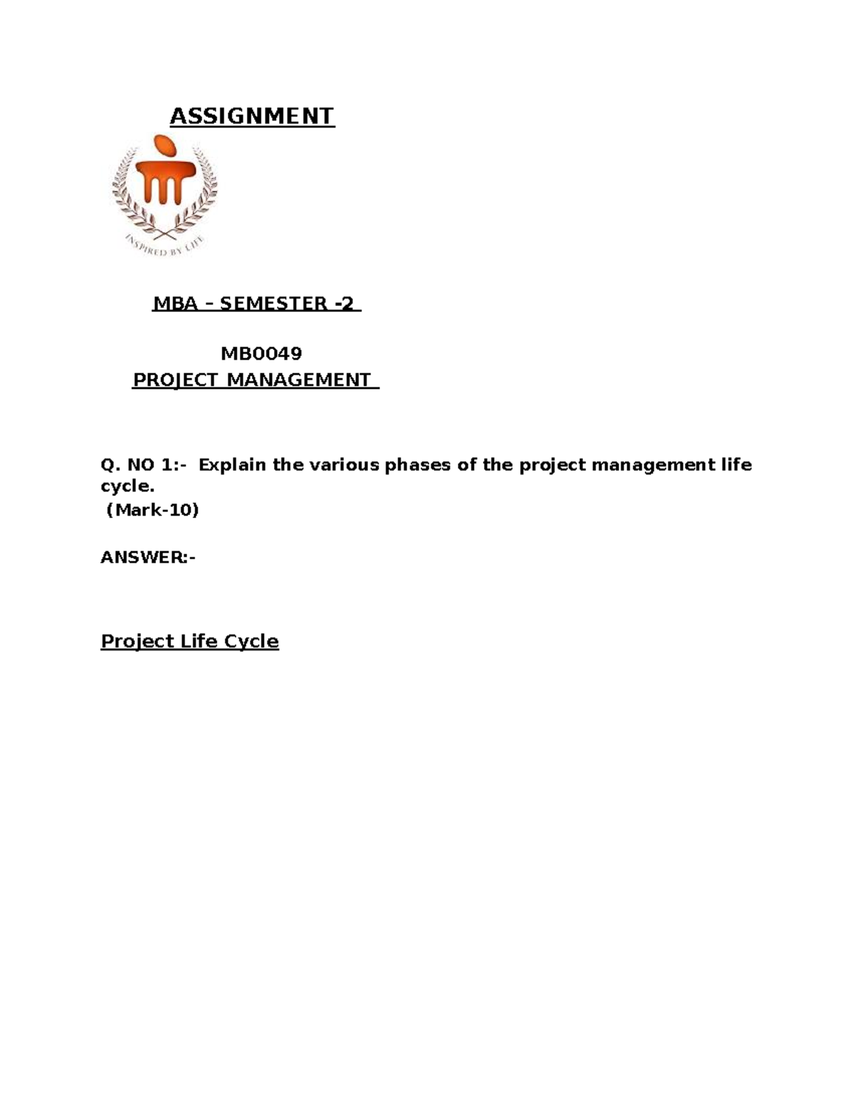Assignment 1 Project Management - ASSIGNMENT MBA – SEMESTER - MB ...