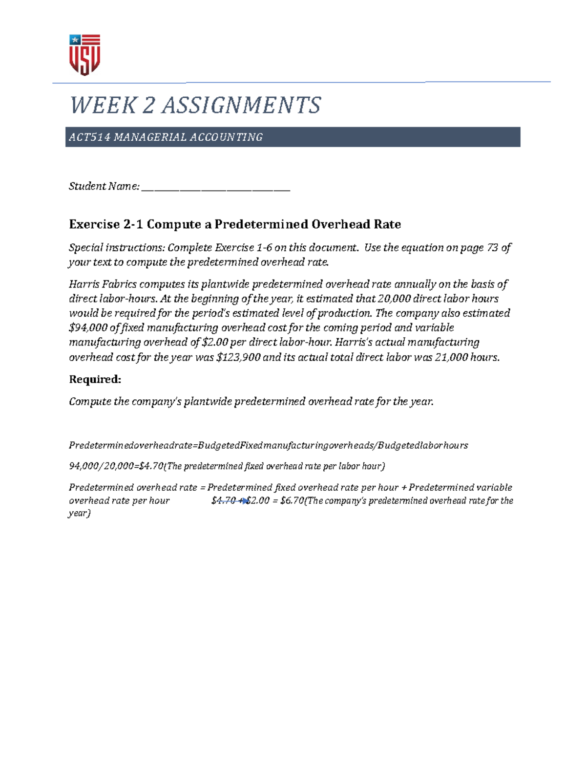 ACT5145 Week 2 Managerial Accounting Assignments - Studocu