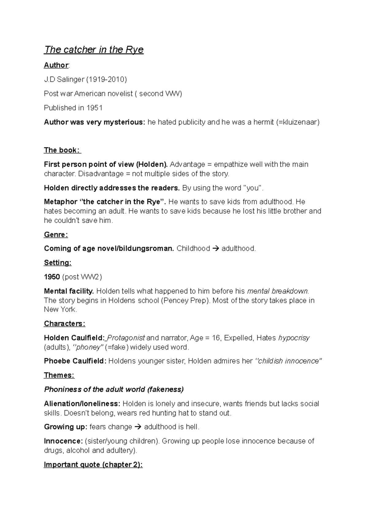 The Catcher in the Rye: Analysis & Themes (ENG 101) - Studeersnel