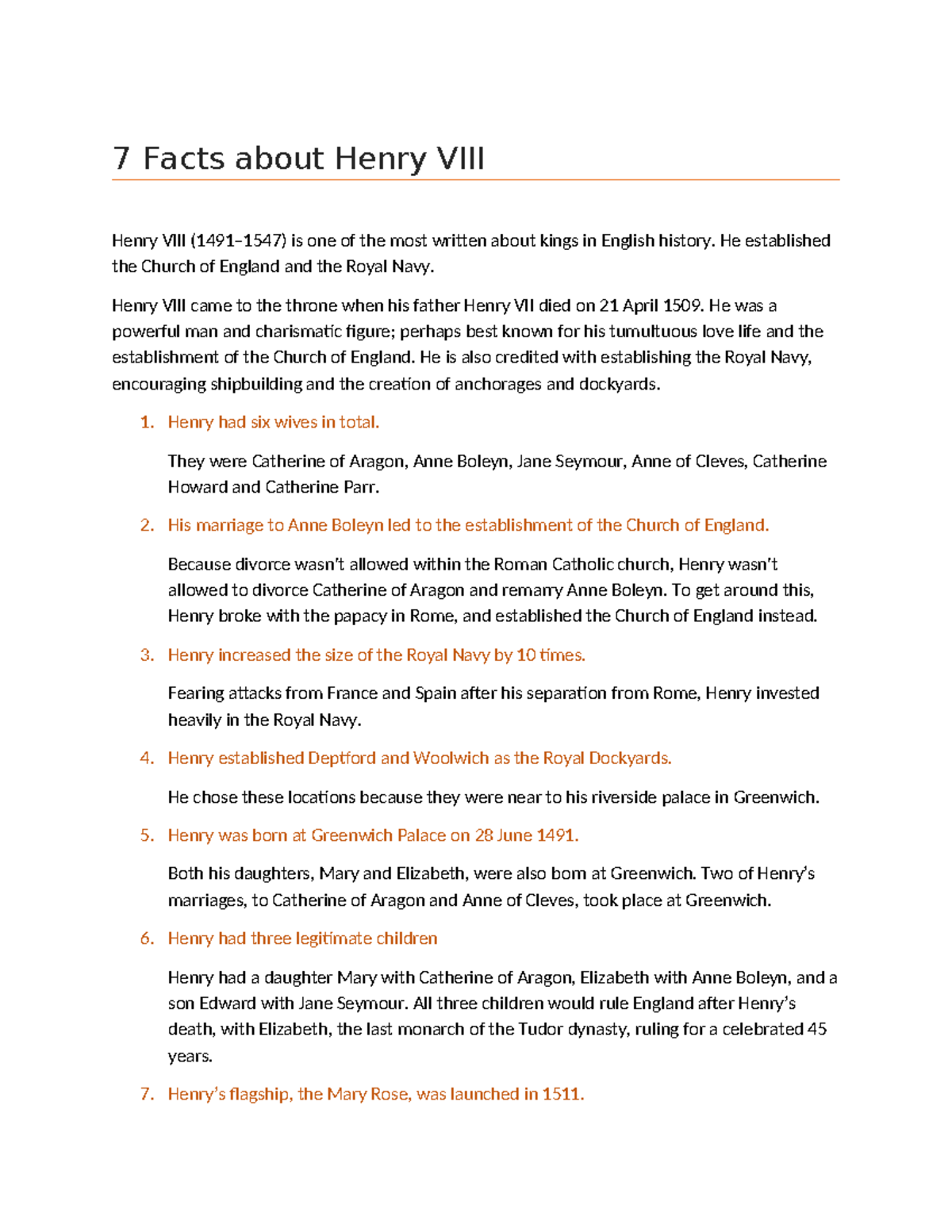 7 Key Facts about King Henry VIII - Module 6 Practical Exam - Studocu