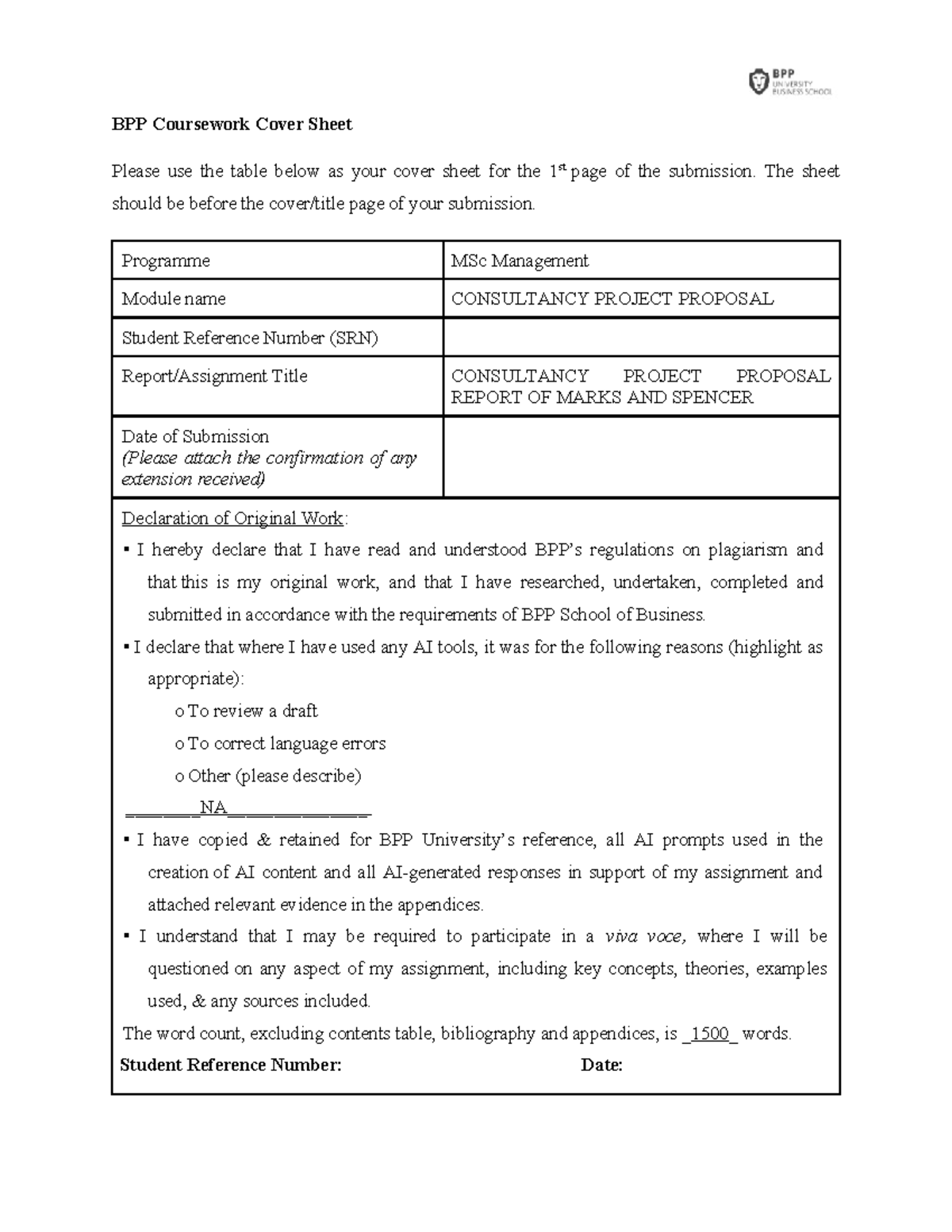 BPP MSc Management Consultancy Project Proposal Cover Sheet - Studocu