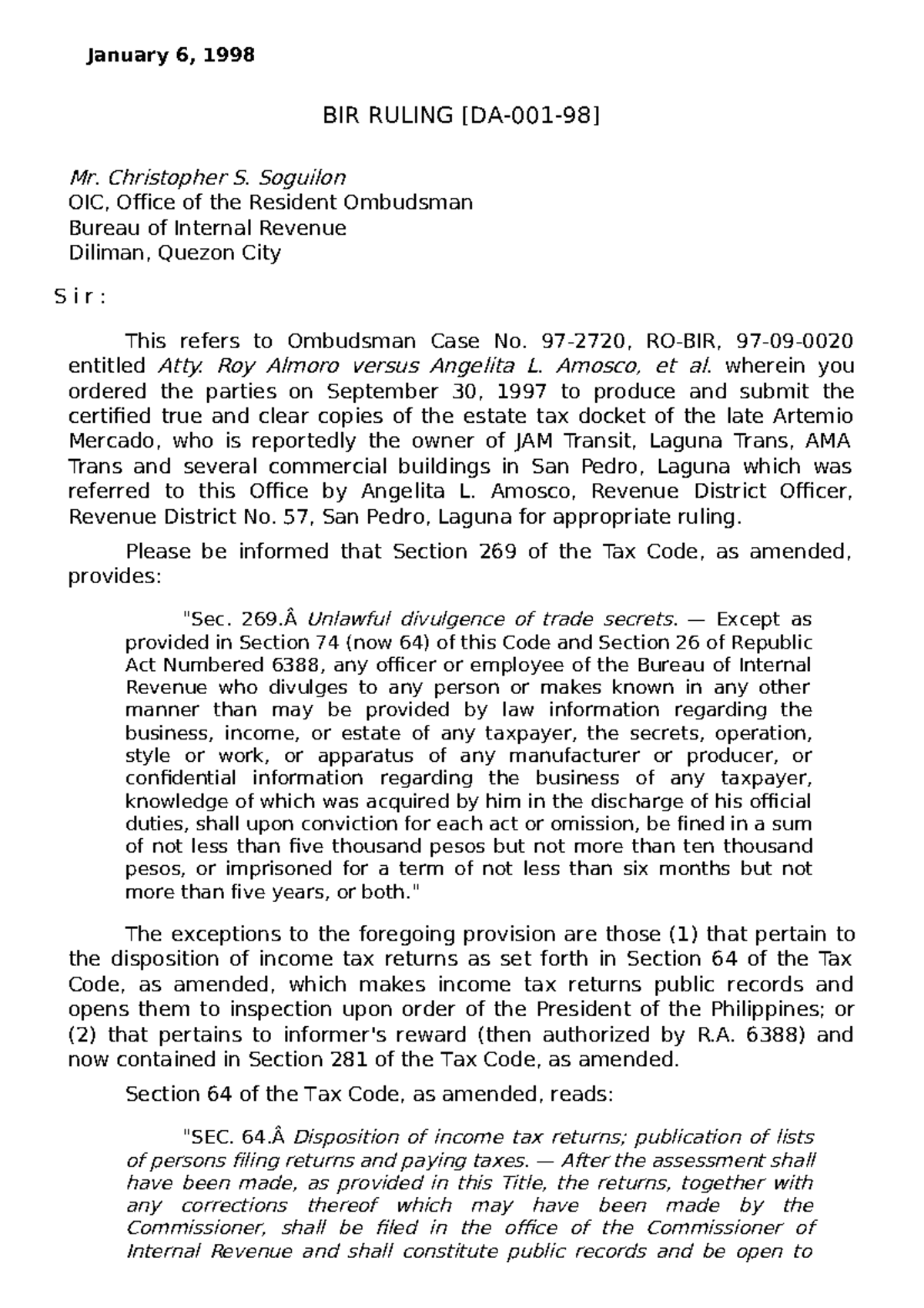 BIR Ruling [DA-001-98] - January 6, 1998 BIR RULING [DA-001-98] Mr. Christopher S. Soguilon OIC ...