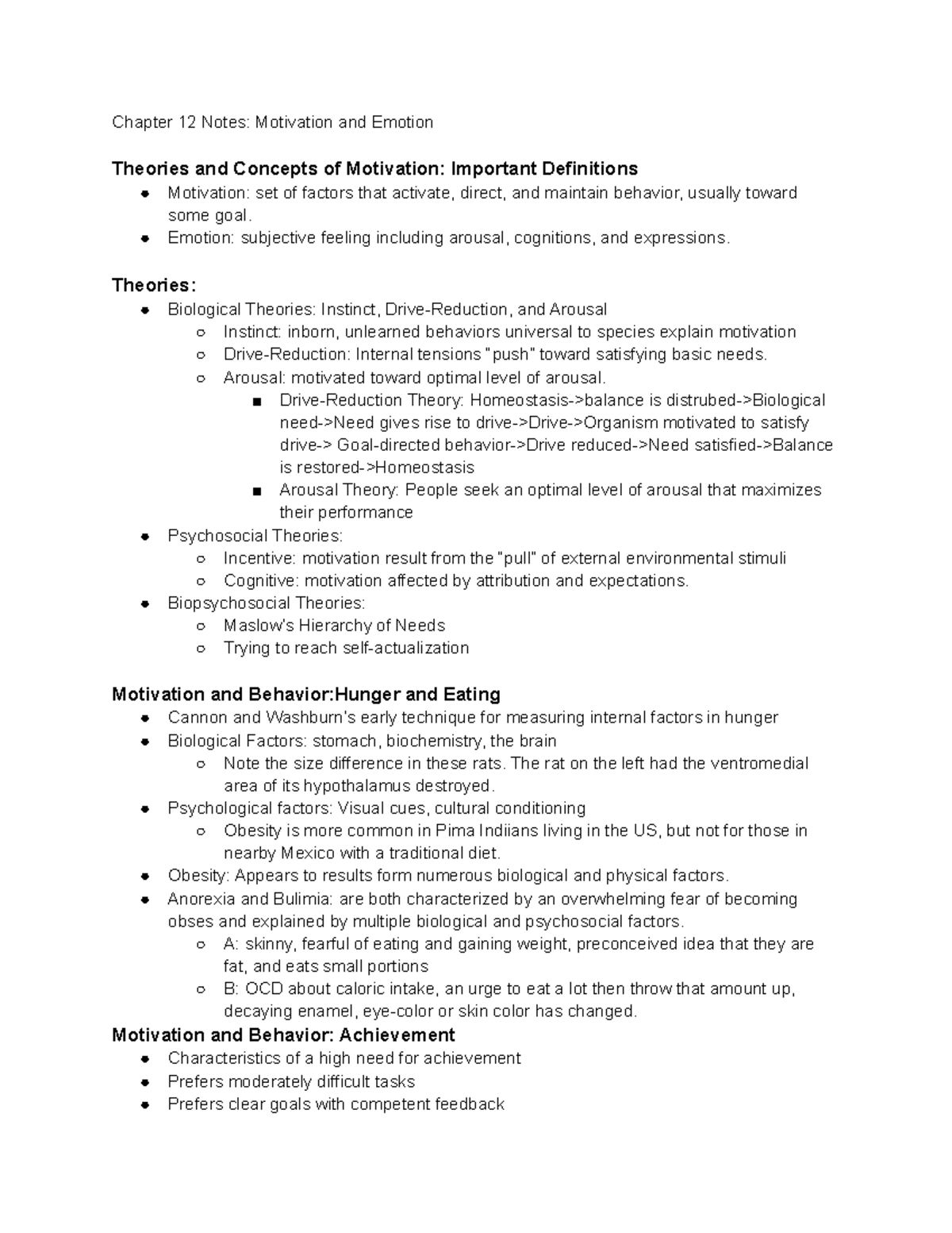 Chapter 12 Notes: Theories of Motivation and Emotion Concepts - Studocu