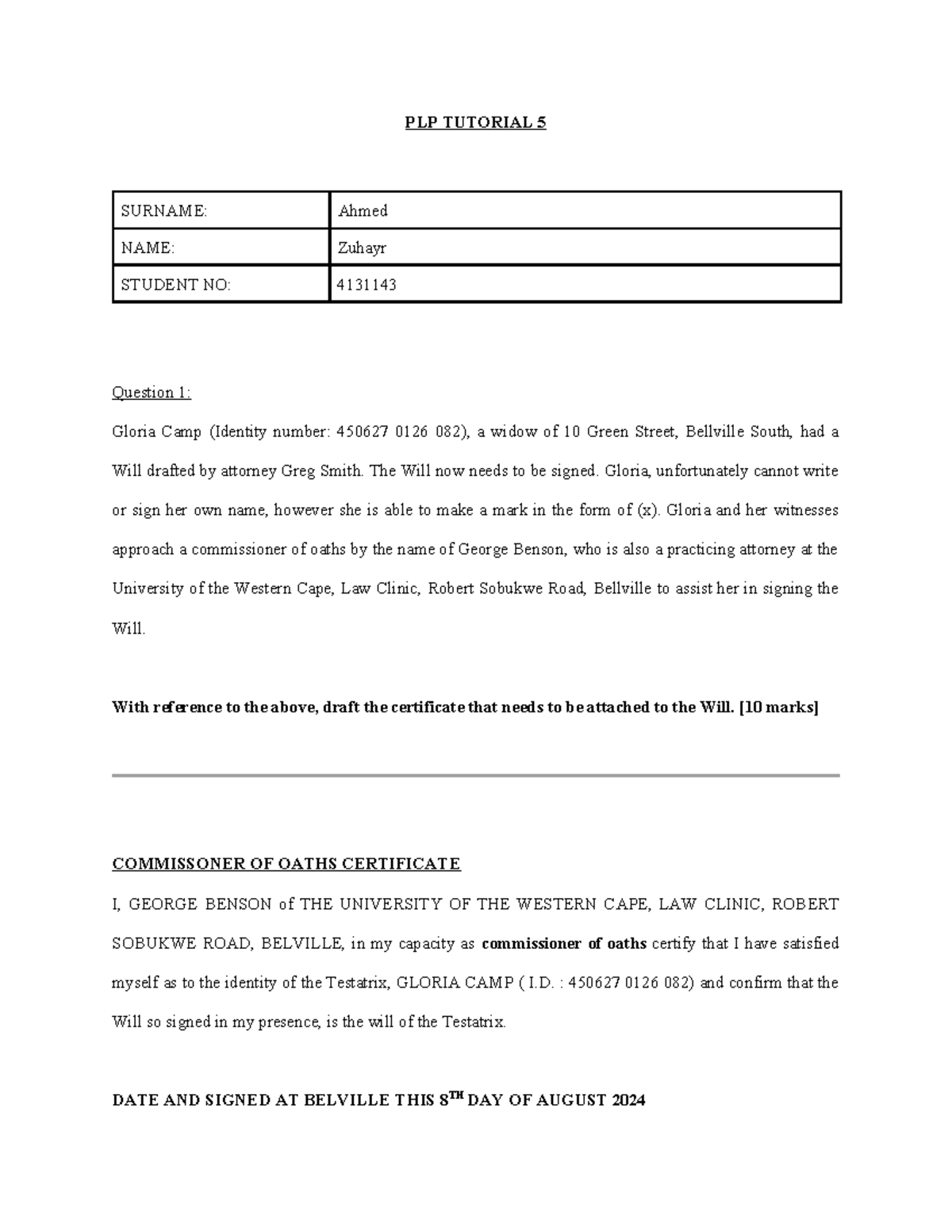 PLP tutorial 5: Commissioner of oaths certificate for Gloria Camp - Studocu
