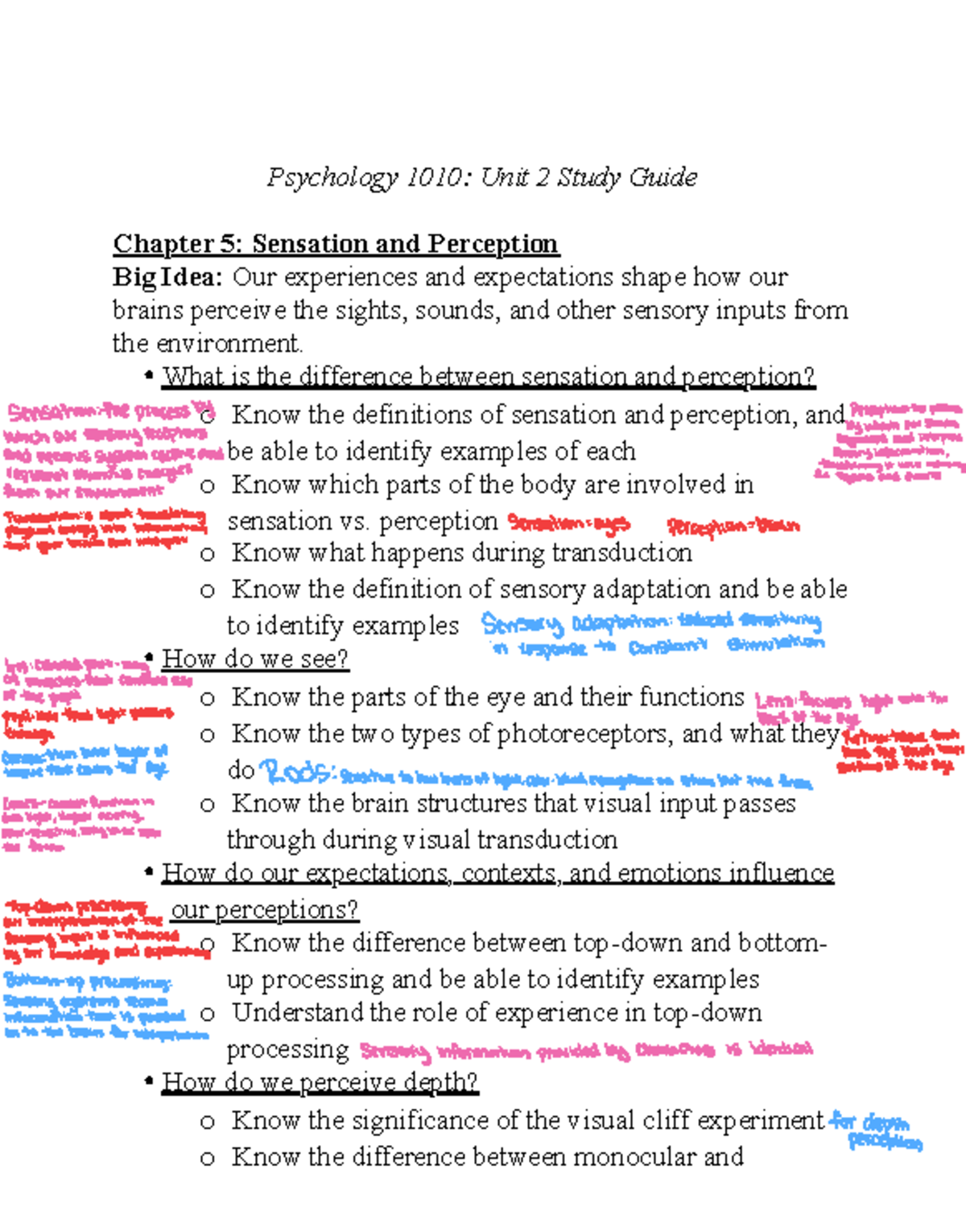 Psychology 1010: Unit 2 Study Guide on Memory, Learning & Perception - Studocu