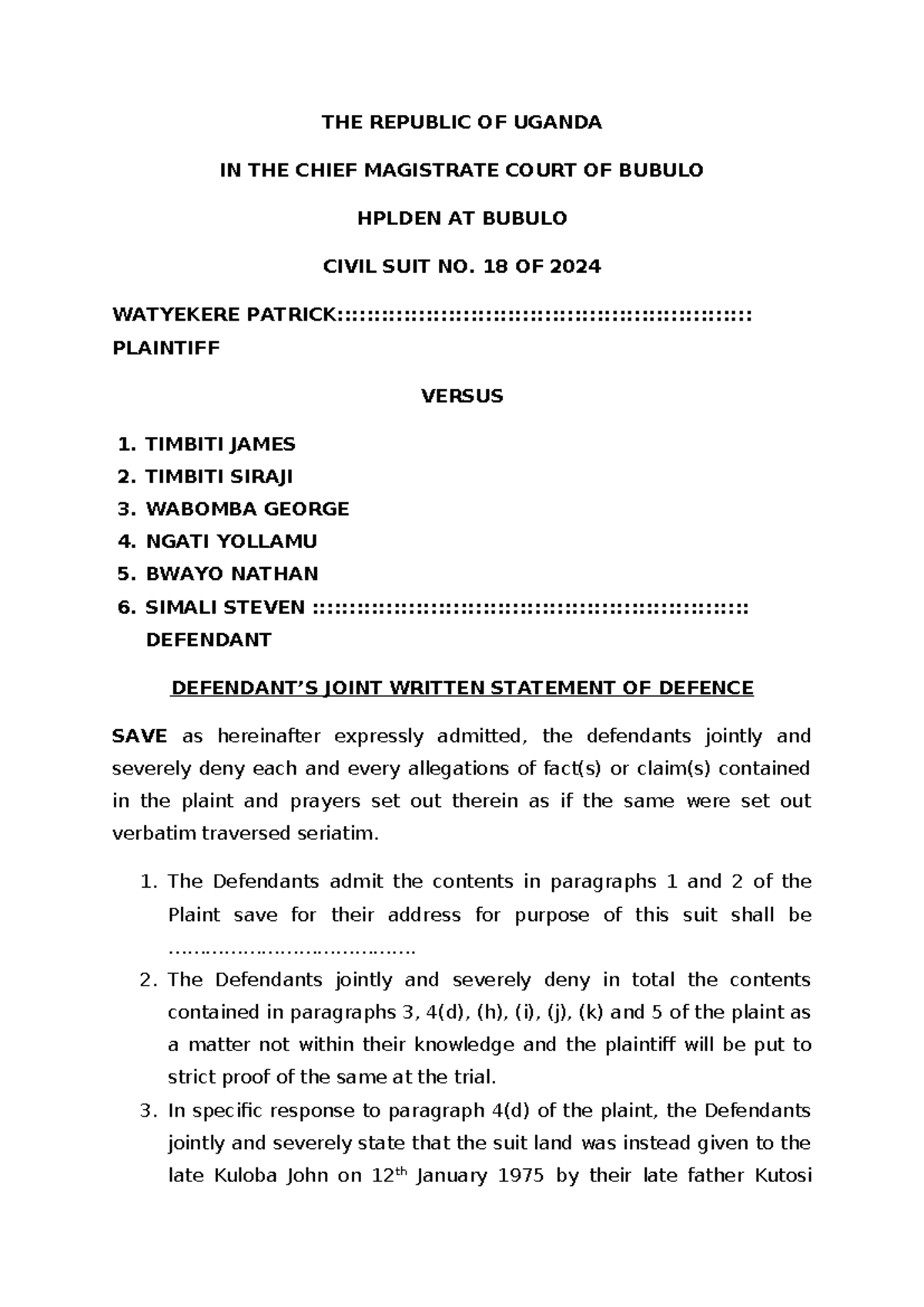 WSD - Written Statement of Defence in Civil Suit No. 18 of 2024 - Studocu