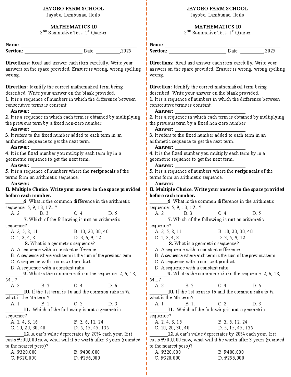 Q1-2ND MATHEMATICS 10 Summative Assessment 1st Quarter - Studocu