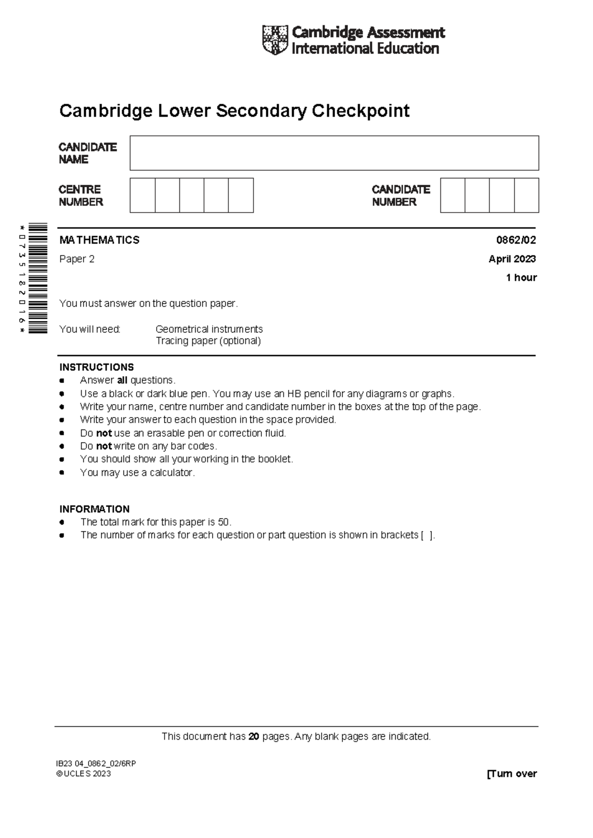 Cambridge Lower Secondary Checkpoint Mathematics Paper 2 - April 2023 ...