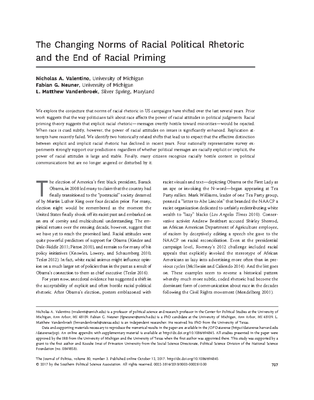Valentino et al. (2017 ) The Changing Norms of Racial Political ...